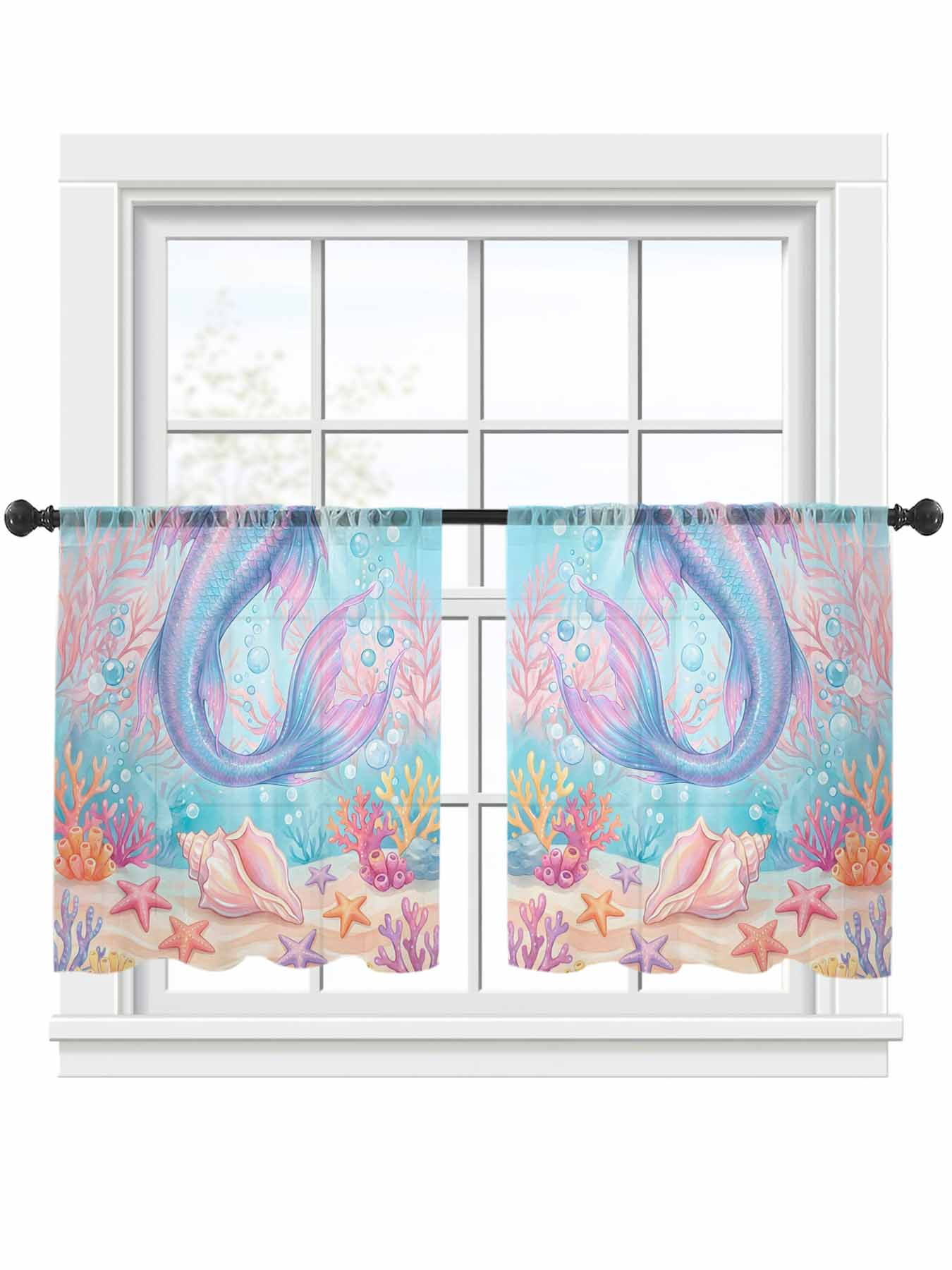 Ocean Marine Life Sheer Curtains 54 Inch Long 2 Panels, Watercolor Pink ...