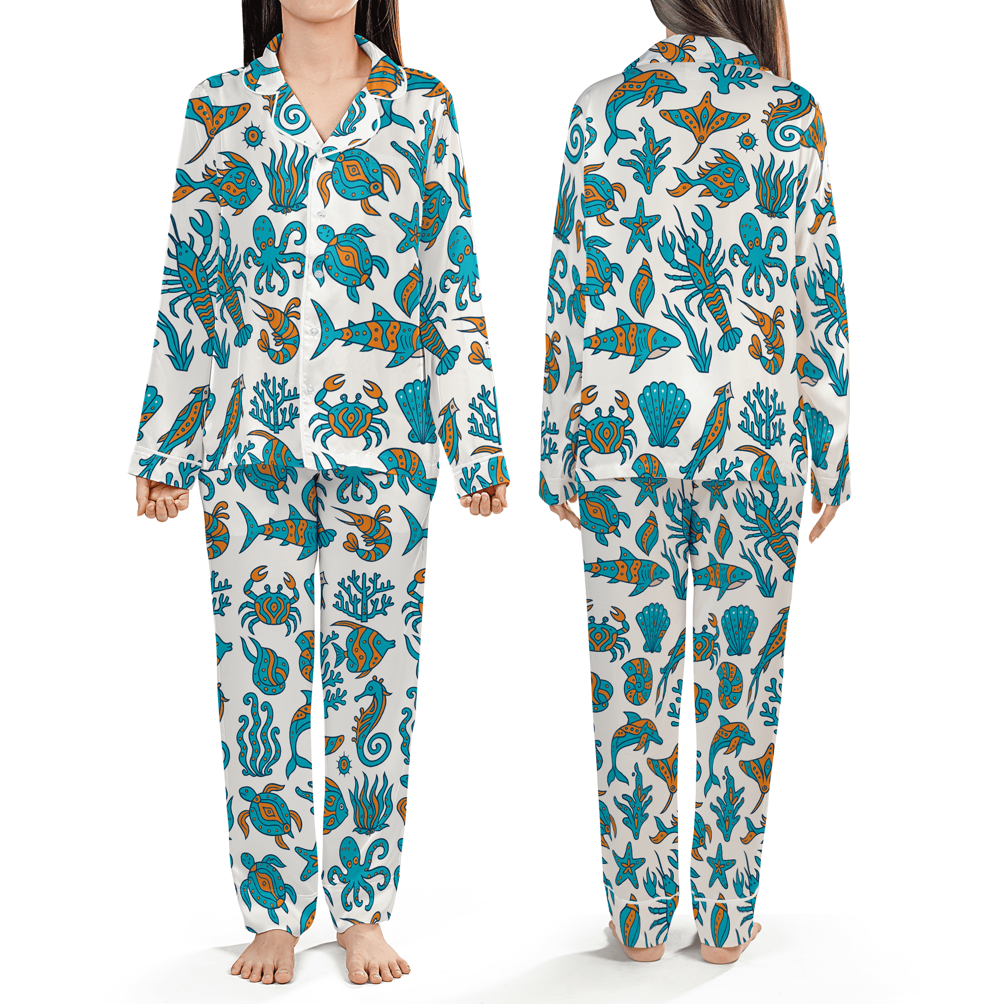 Ocean Marine Satin Pajamas Set, Underwater Sea Life Satin Sleepwear ...