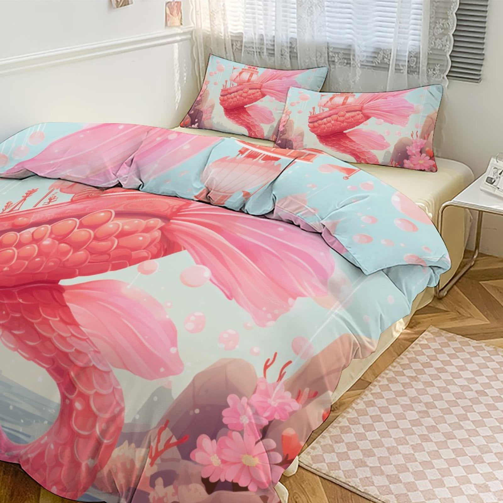 Ocean Mermaid Coral Bedding Sets Twin Duvet Cover 3 Piece Cute Bed Set for Boys Girls Kid ...