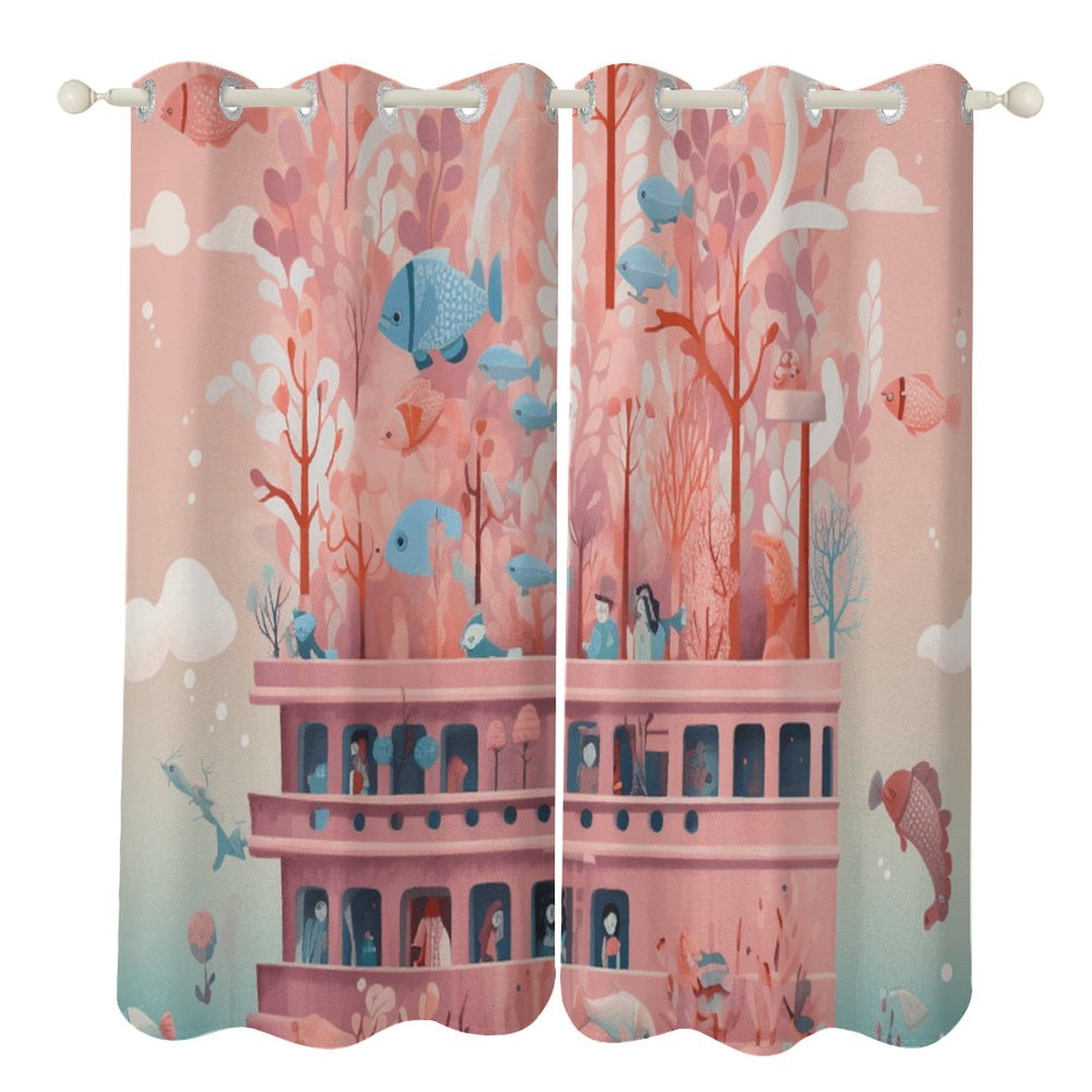 Ocean Mermaid Coral Window Curtain Panels Grommet Blackout Curtains ...