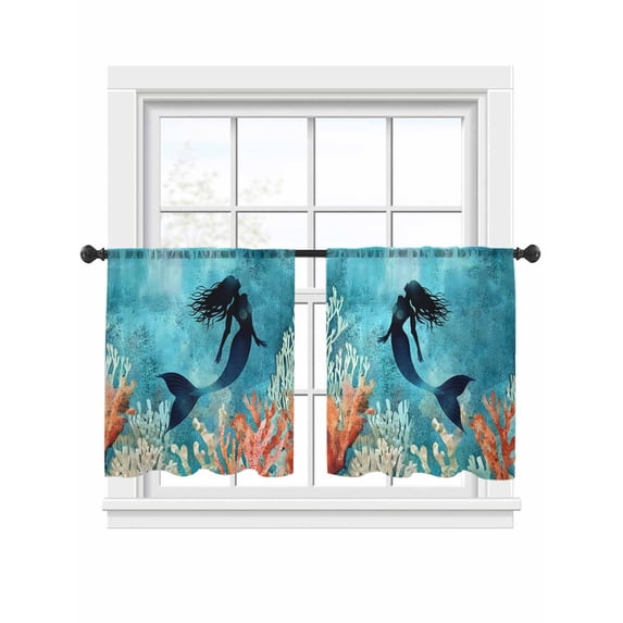 Ocean Mermaid Sheer Curtains 2 Panels Set Shadow Coral Seabed ...