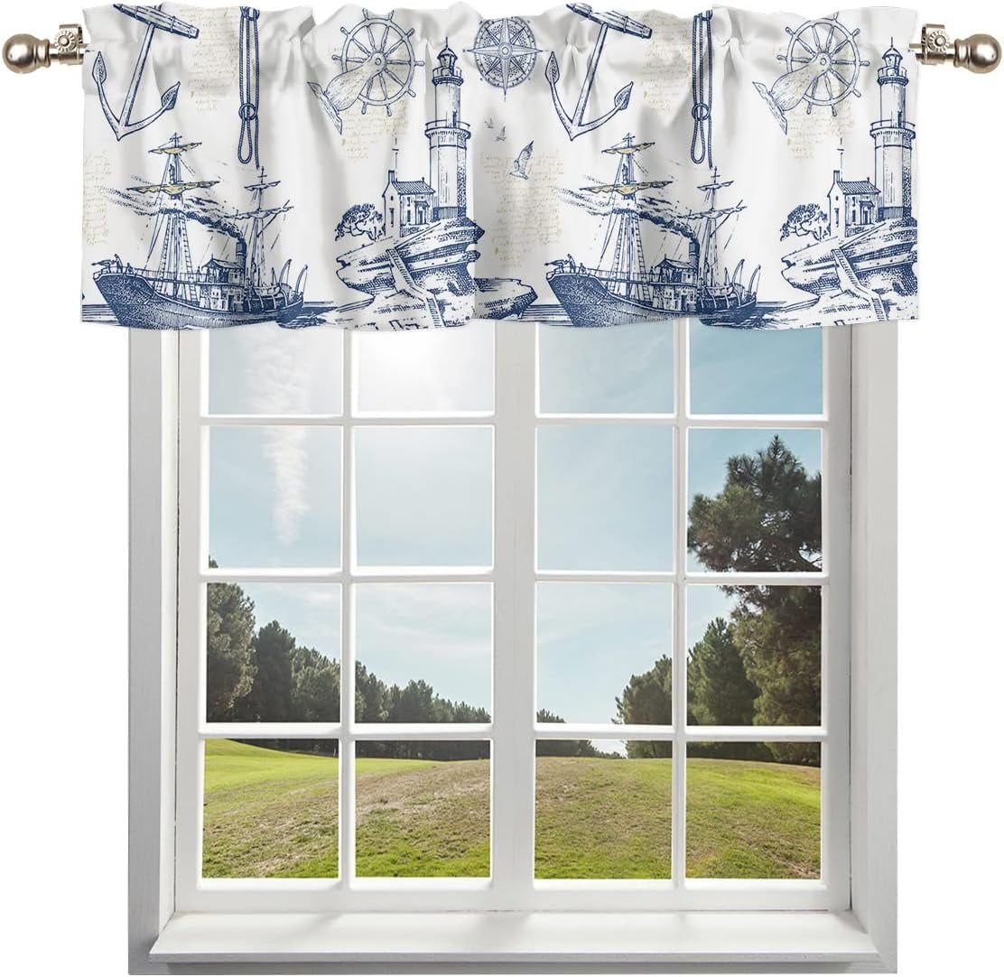 Ocean Nautical Farmhouse Short Window Curtain Valances, Retro Blue Sea ...