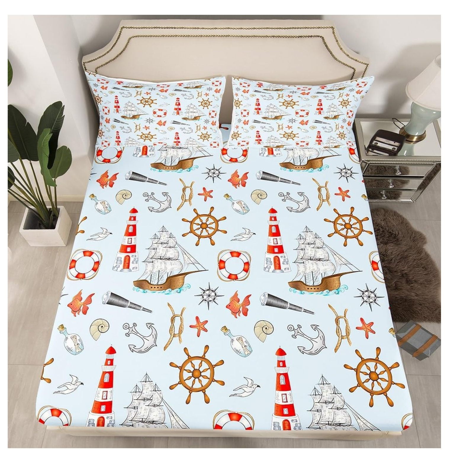 Ocean Nautical Fitted Sheet Size,Sailboat Rudder Anchor Lighthouse Bed ...