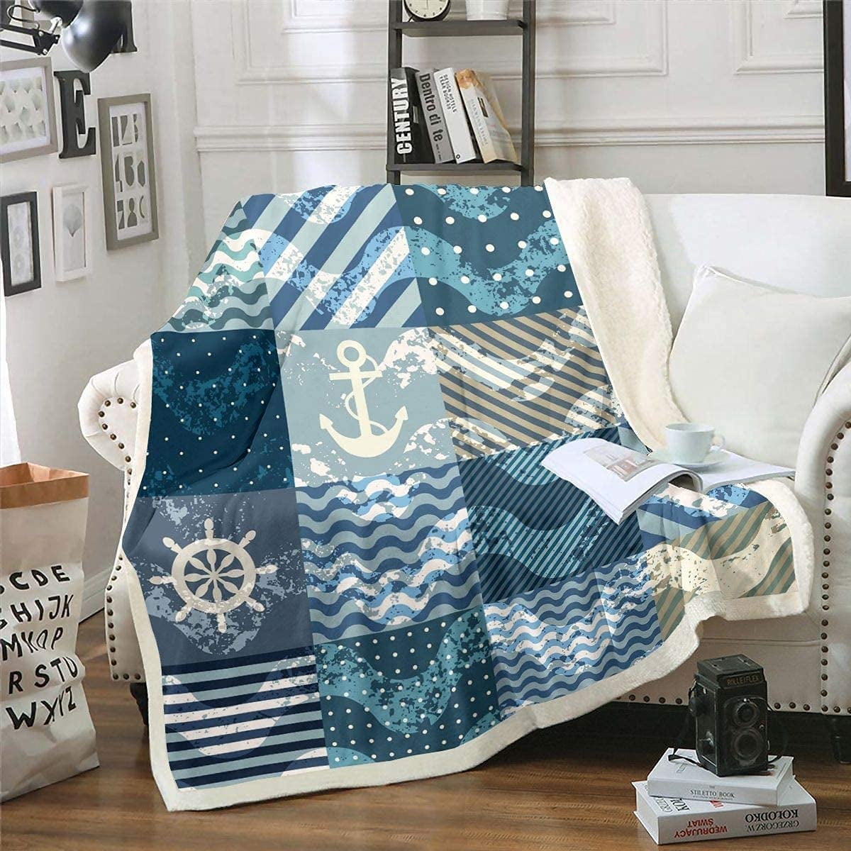 Ocean Nautical Fleece Throw Blanket Geometric Grid Stripes Sherpa ...