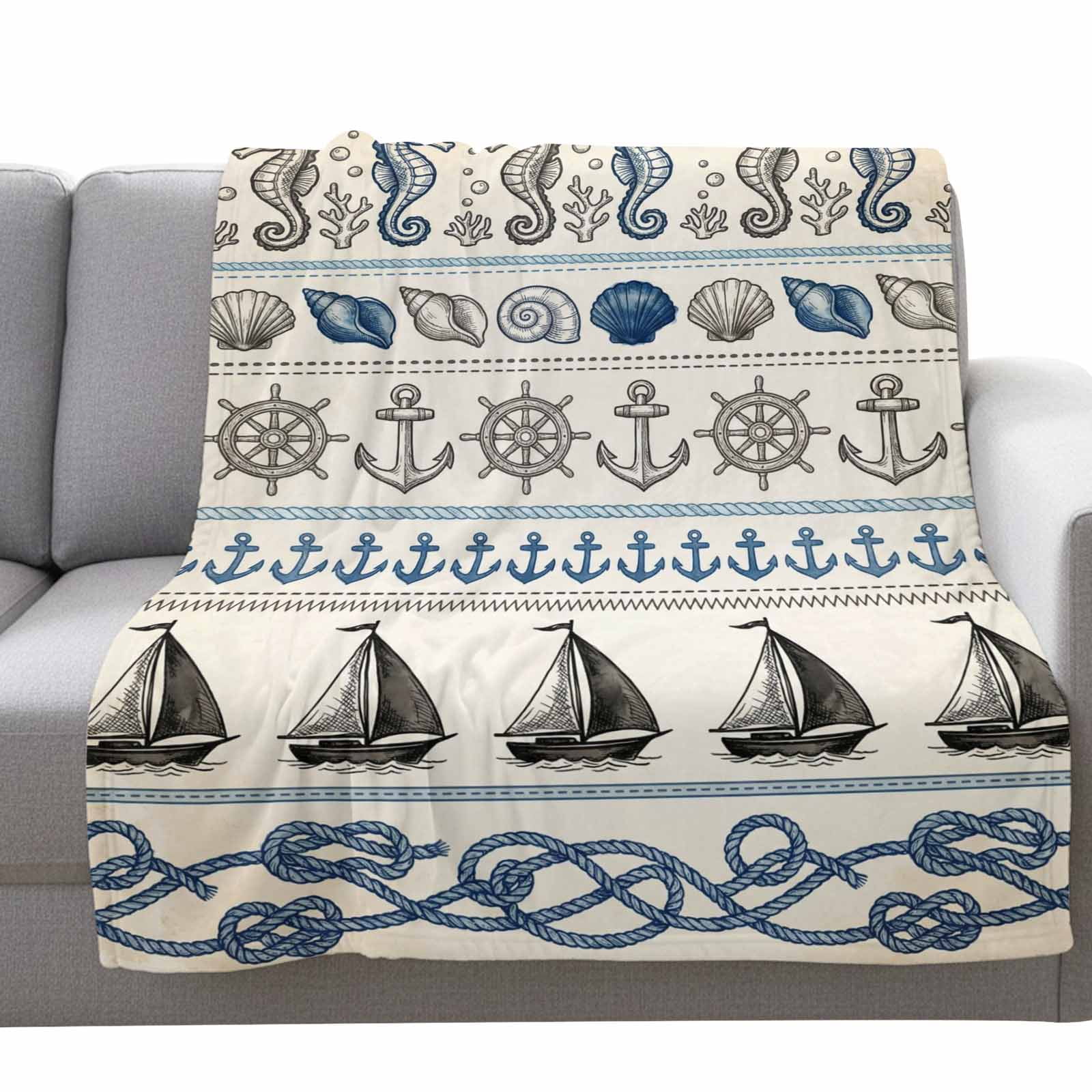 Ocean Nautical Fleece Throw Blanket Lightweight Vintage Blue Beige ...