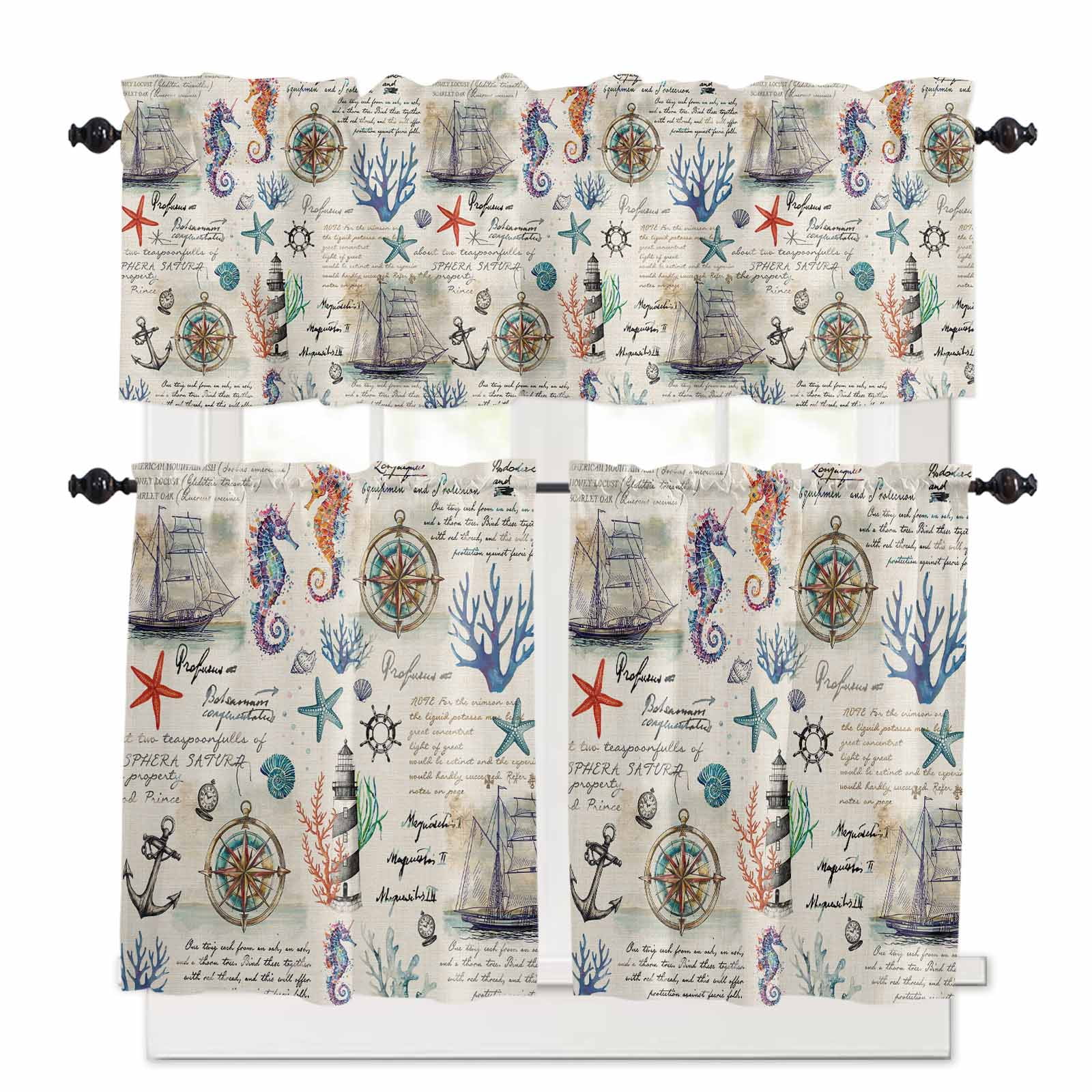 Ocean Nautical Kitchen Curtains and Valances Set, Rod Pocket Curtains ...