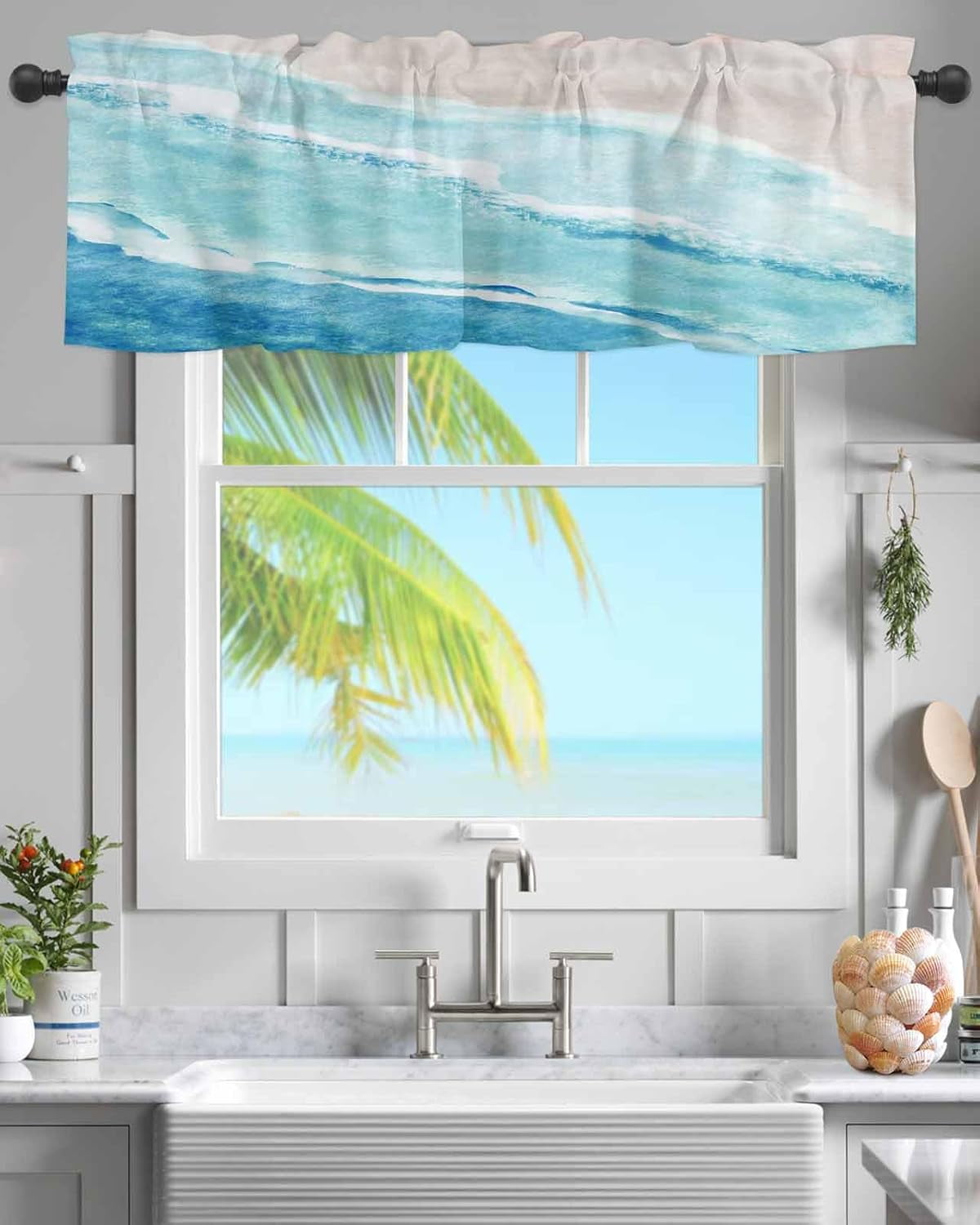 Ocean Nautical Valance for Window,Summer Beach Rod Pocket Kitchen ...