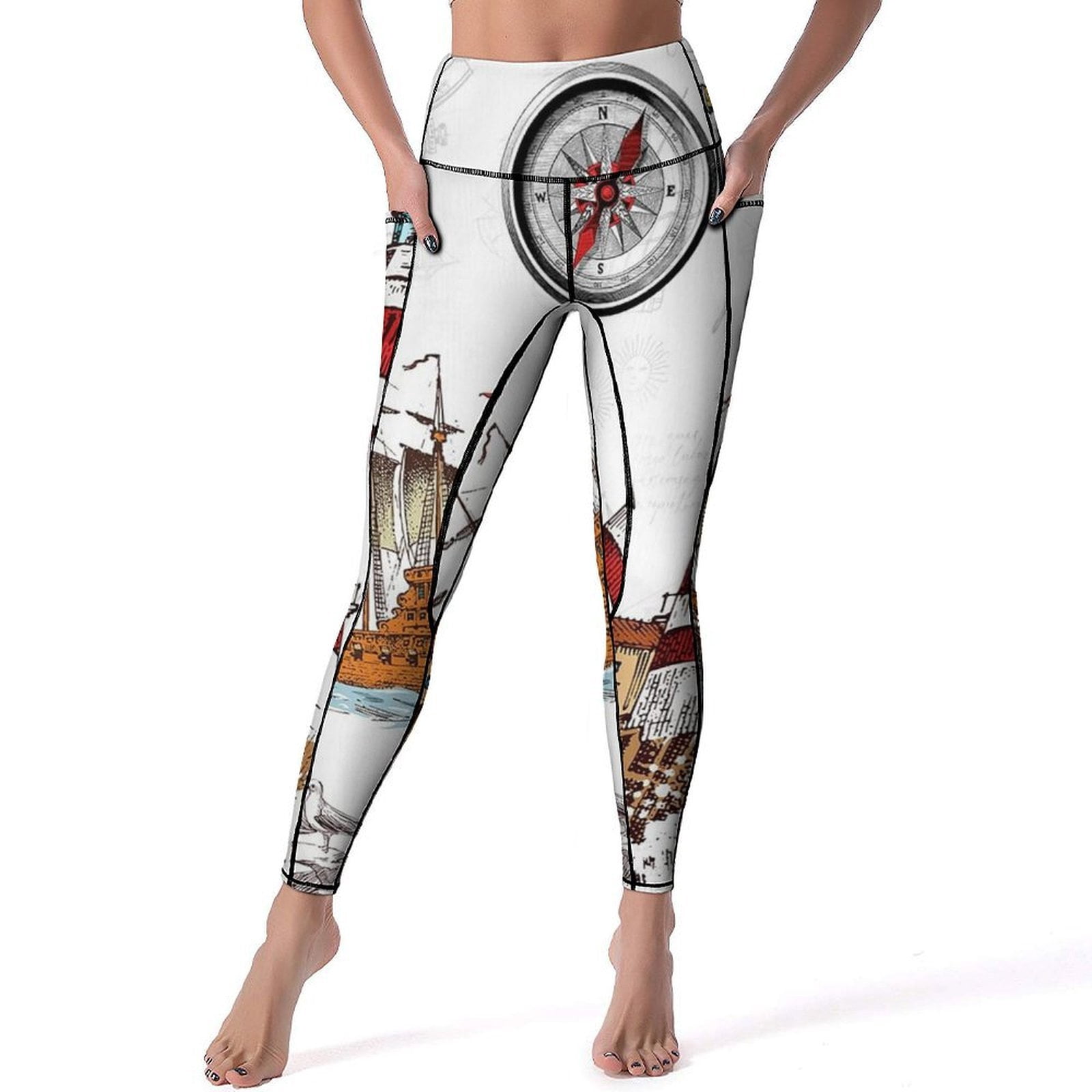 Ocean Nautical Vintage Sea Coastal Lighthouse Boat Leggings Gym Wear ...
