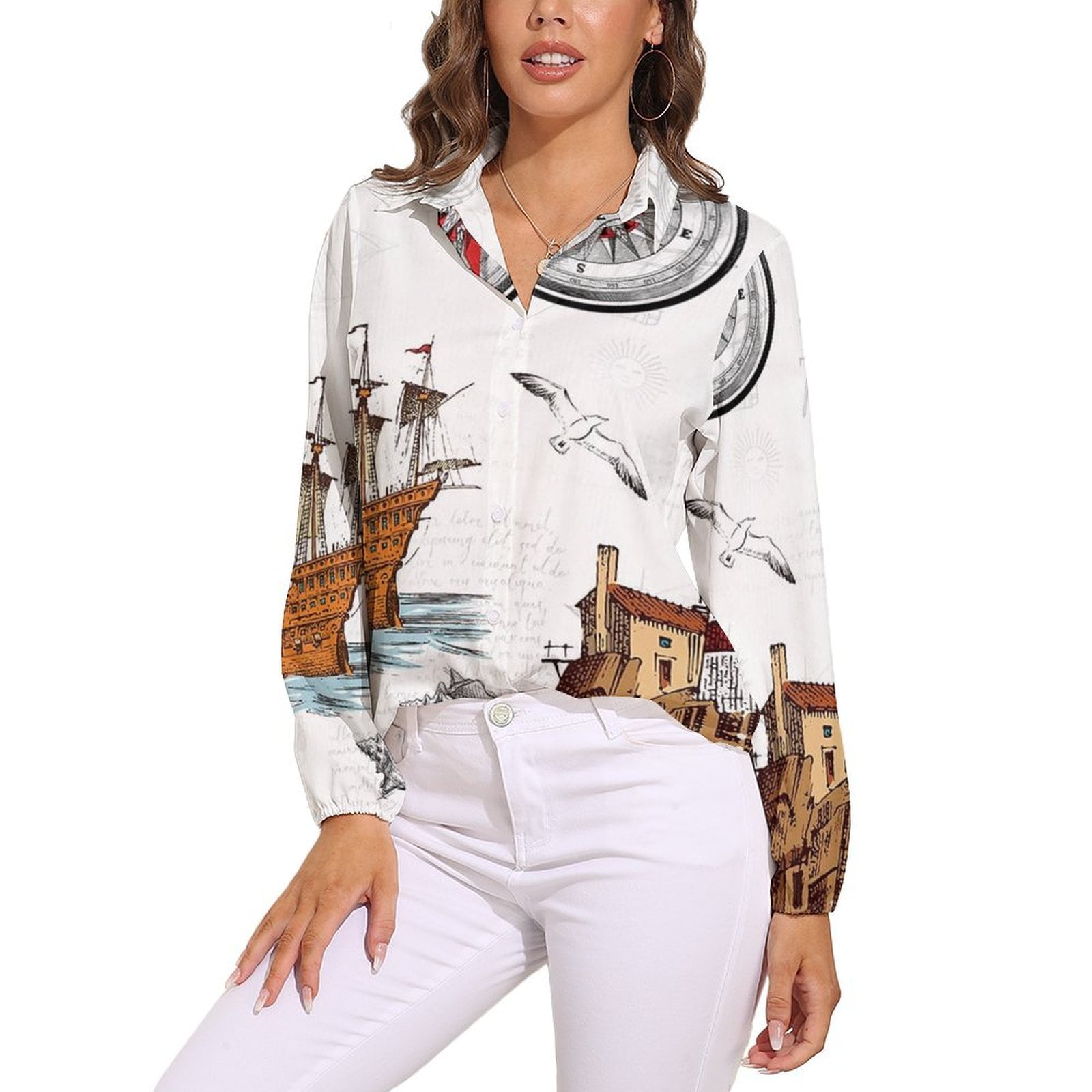 Ocean Nautical Vintage Sea Coastal Lighthouse Boat Long Sleeve Blouse ...