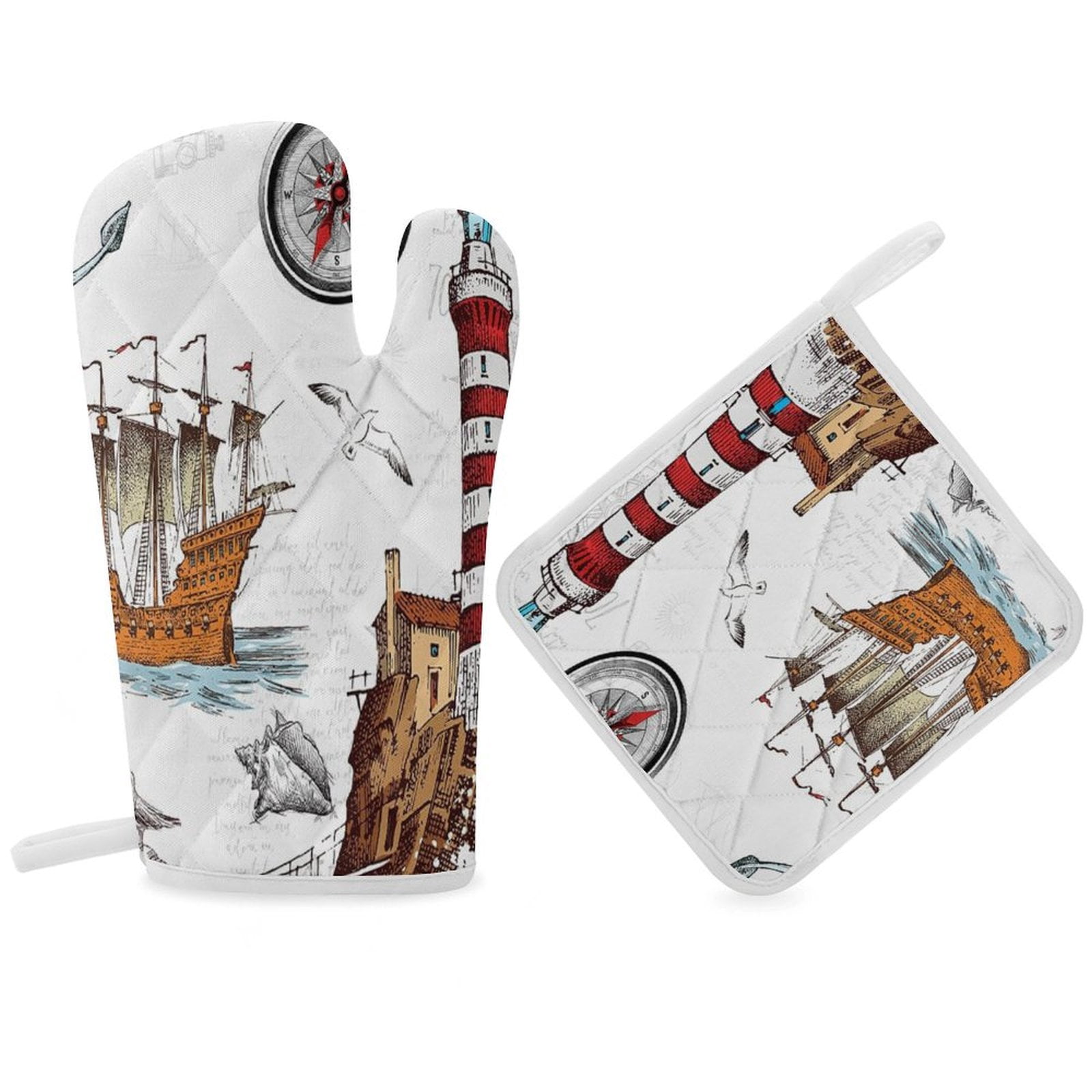 Ocean Nautical Vintage Sea Coastal Lighthouse Boat Oven Gloves And Pots ...