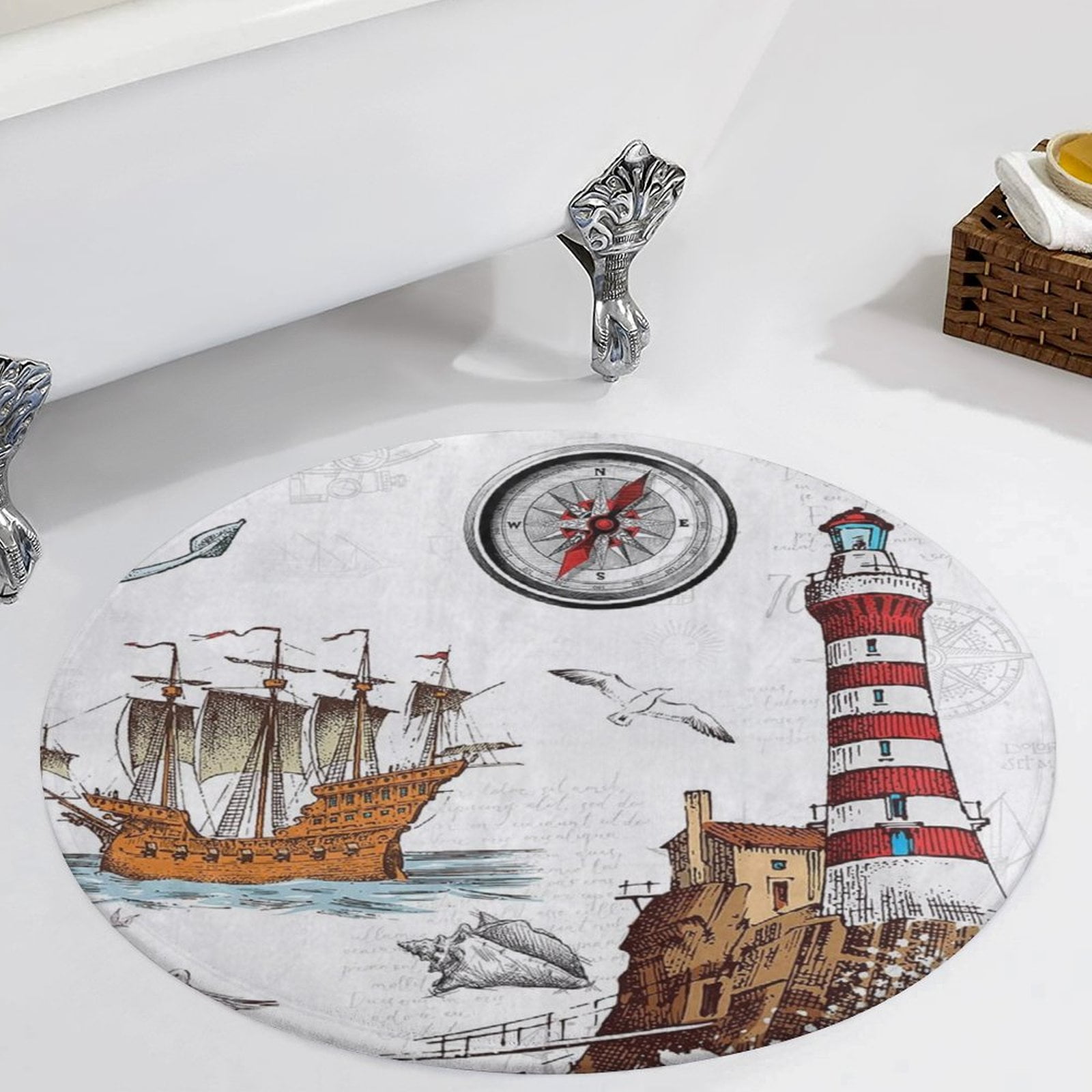 Ocean Nautical Vintage Sea Coastal Lighthouse Boat Round Carpet Circle ...