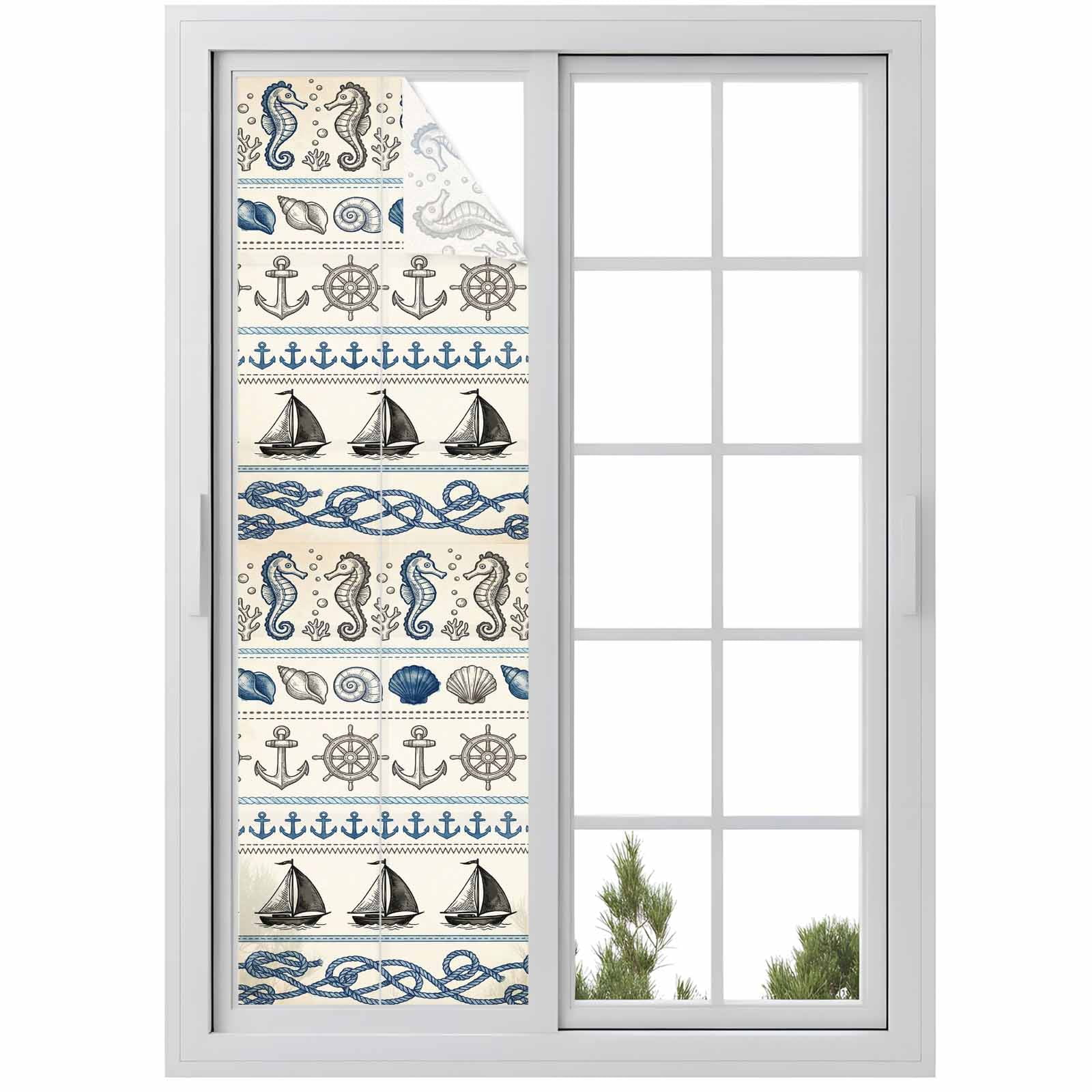 Ocean Nautical Window Privacy Film, Vintage Blue Beige Seahorse Shell ...
