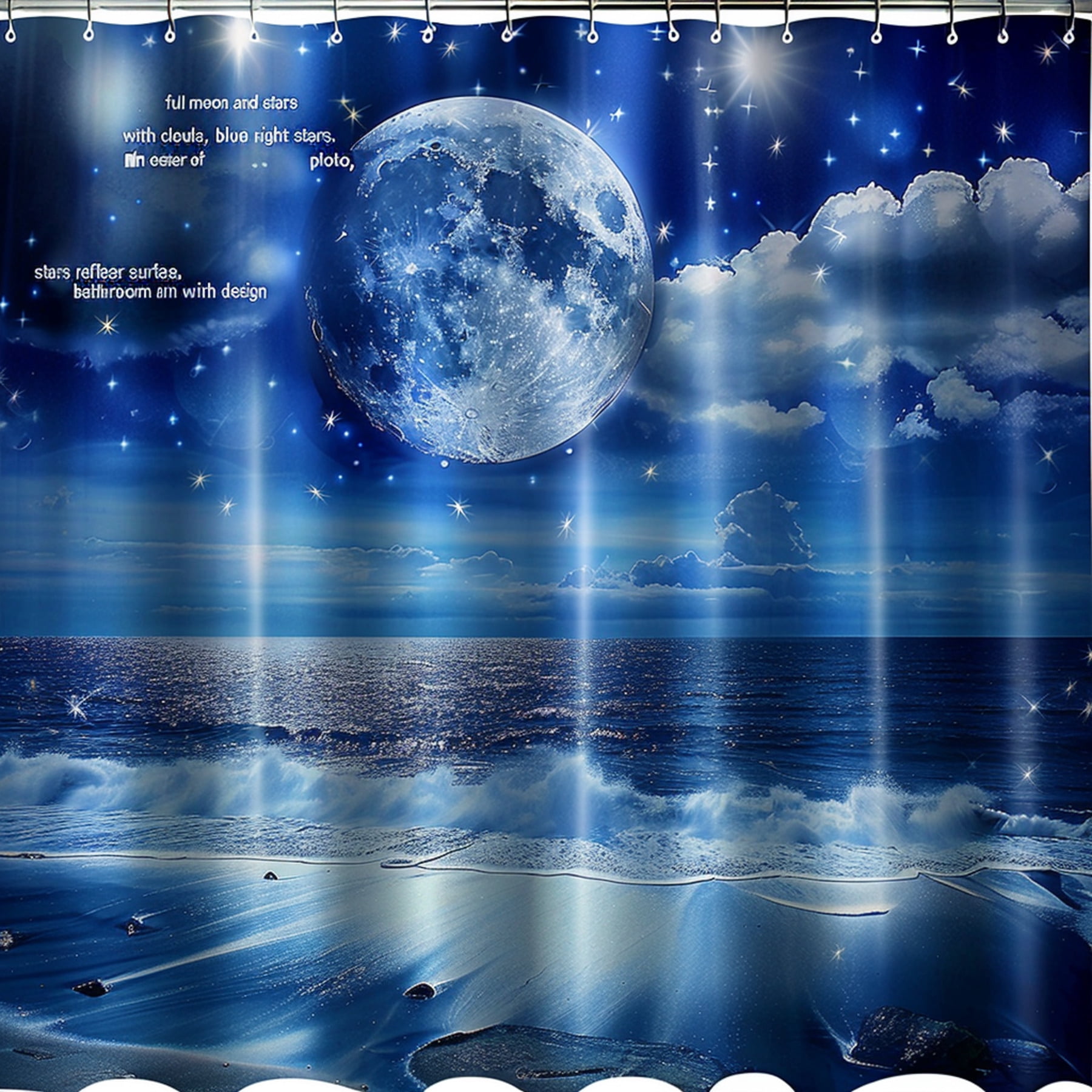 Ocean Night Sky Shower Curtain Full Moon & Stars Beach Landscape Design ...