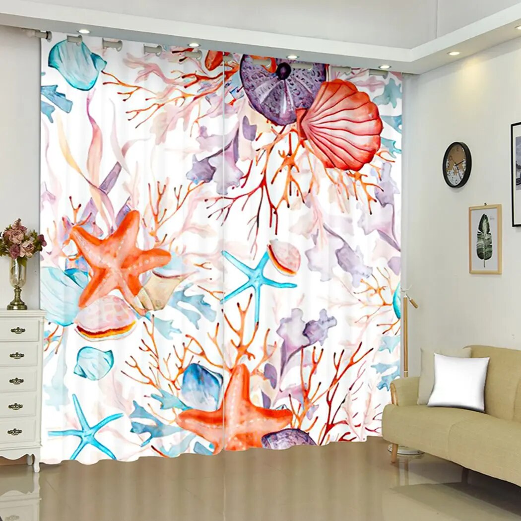 Ocean Objects StarCurtain Blue Yellow And Pink Polyester Pongee Fabric ...