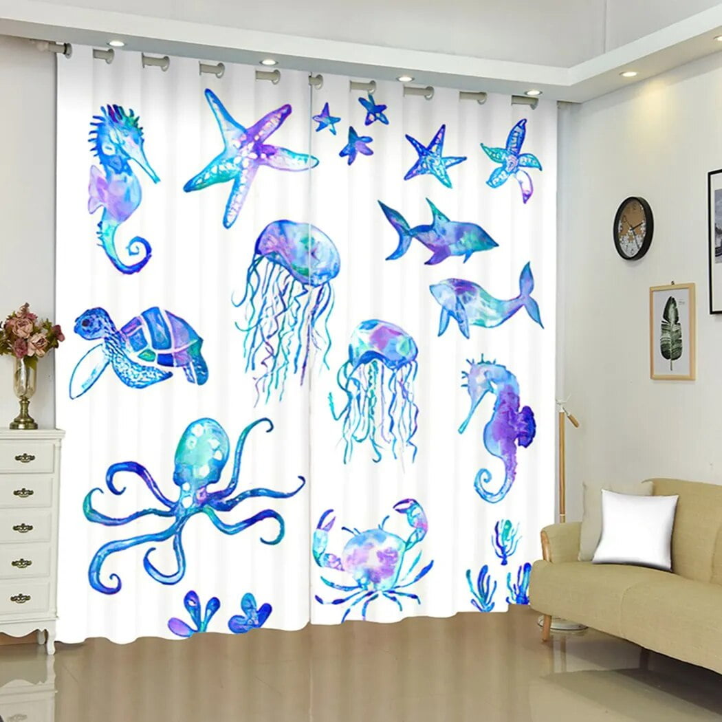Ocean Objects StarCurtain Blue Yellow And Pink Polyester Pongee Fabric ...