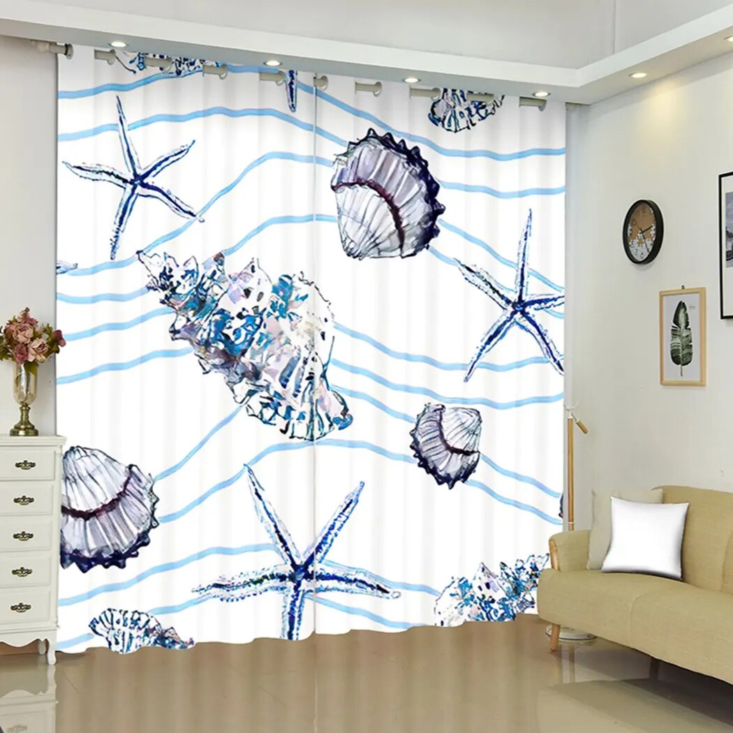 Ocean Objects StarCurtain Blue Yellow And Pink Polyester Pongee Fabric ...