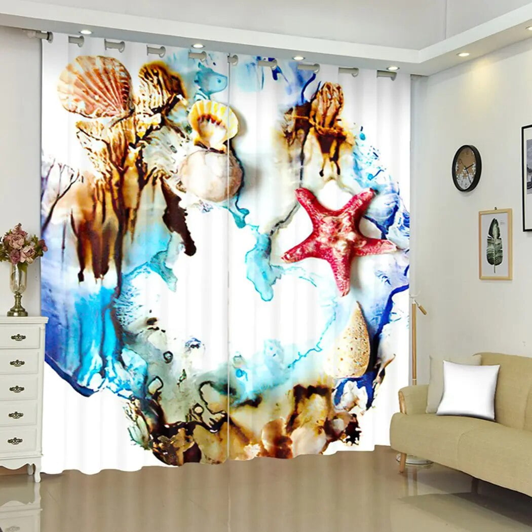 Ocean Objects StarCurtain Blue Yellow And Pink Polyester Pongee Fabric ...