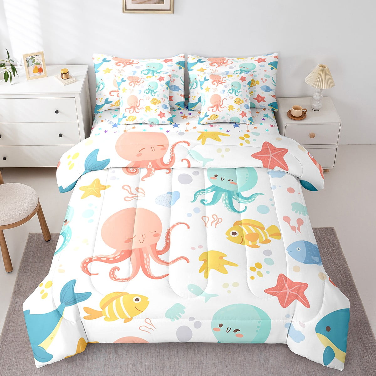 Ocean Octopus Bed in a Bag Full,Coastal Beach Theme Comforter Set 7 ...