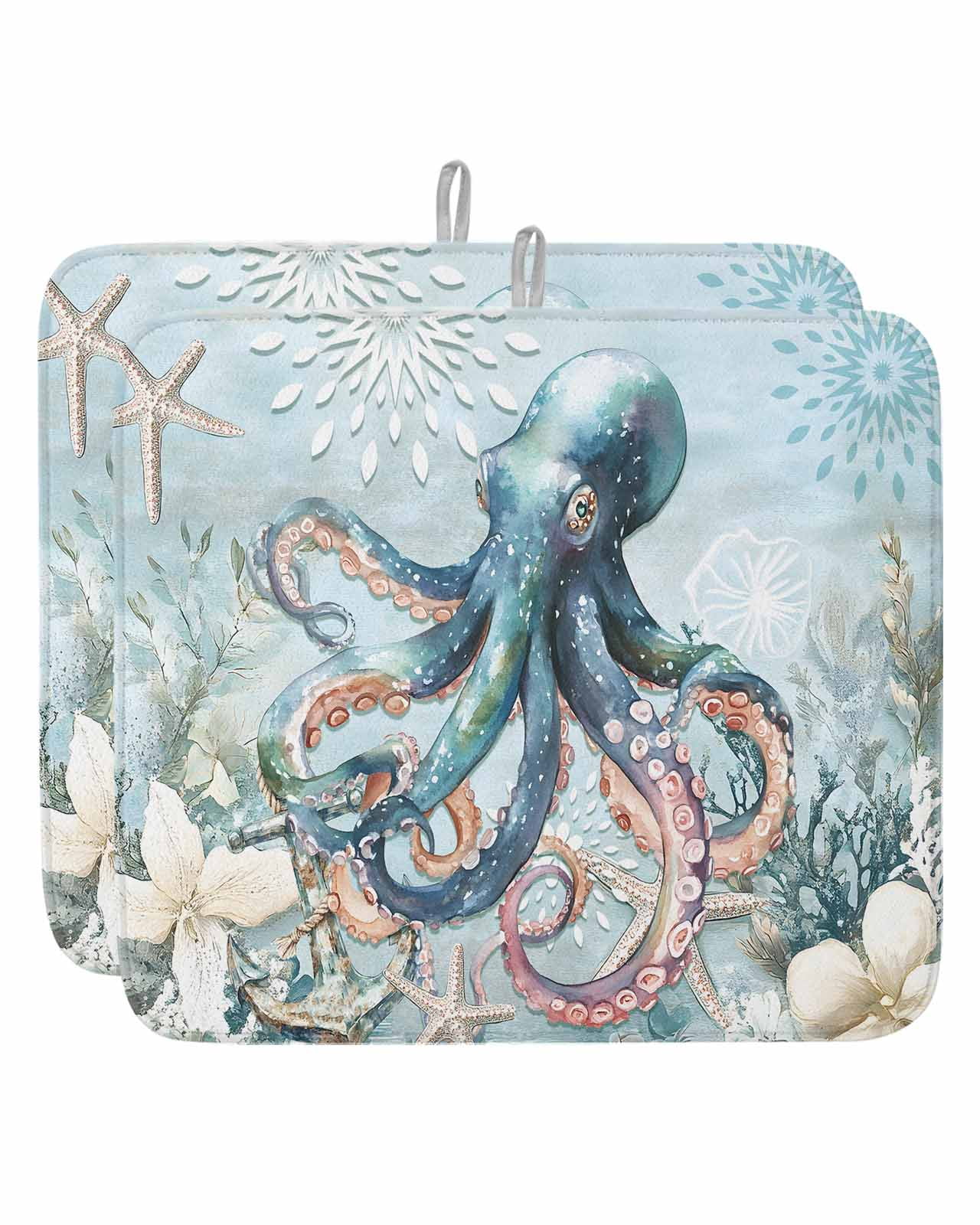 Ocean Octopus Dish Drying Mat 16x18 inch Starfish Coral Flower Blue ...