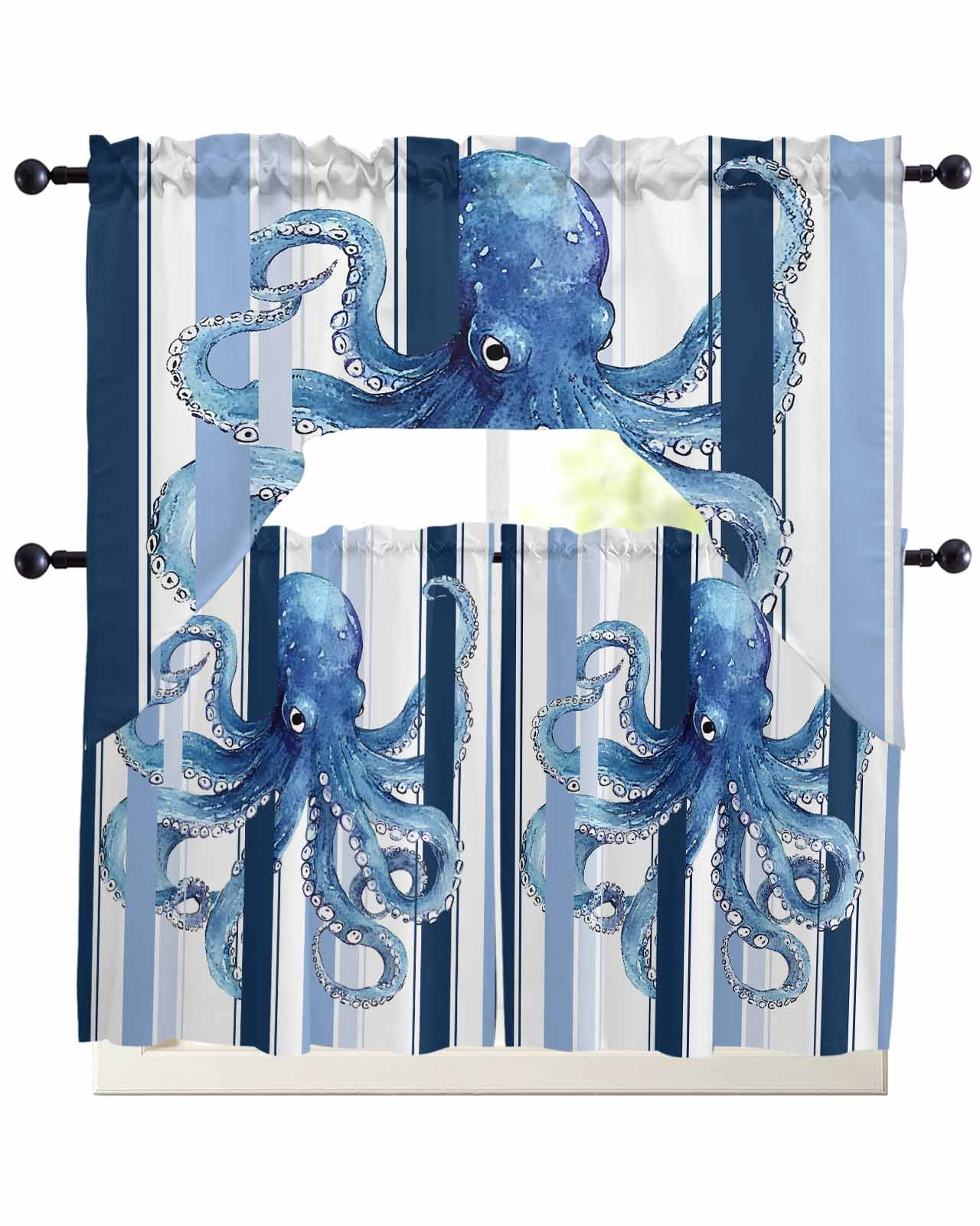 Ocean Octopus Kitchen Curtains Swag Valance and Tier Curtains Set 24 ...