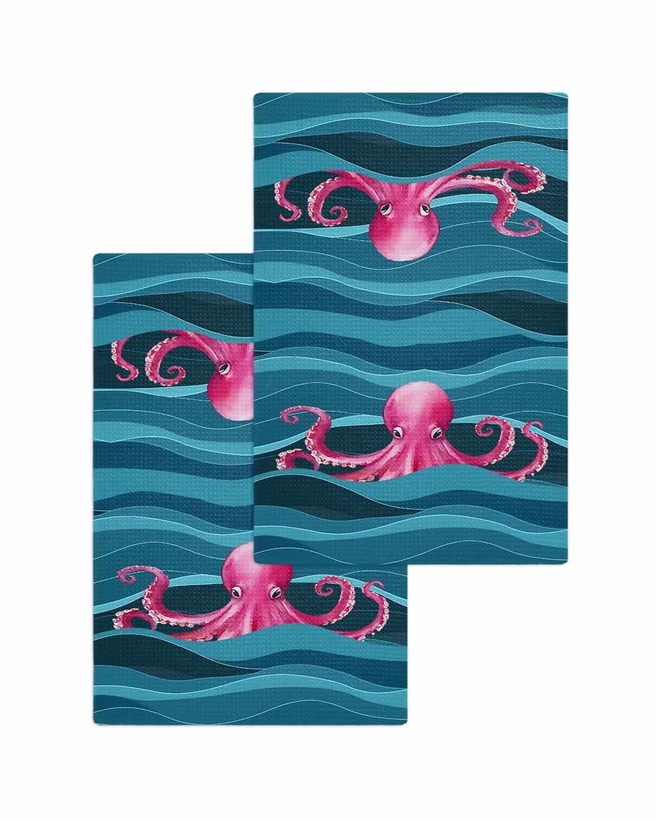 Ocean Octopus Kitchen Dish Towels for Drying Dishes Set of 2, Coastal Nautical Teal Waves Waffle ...