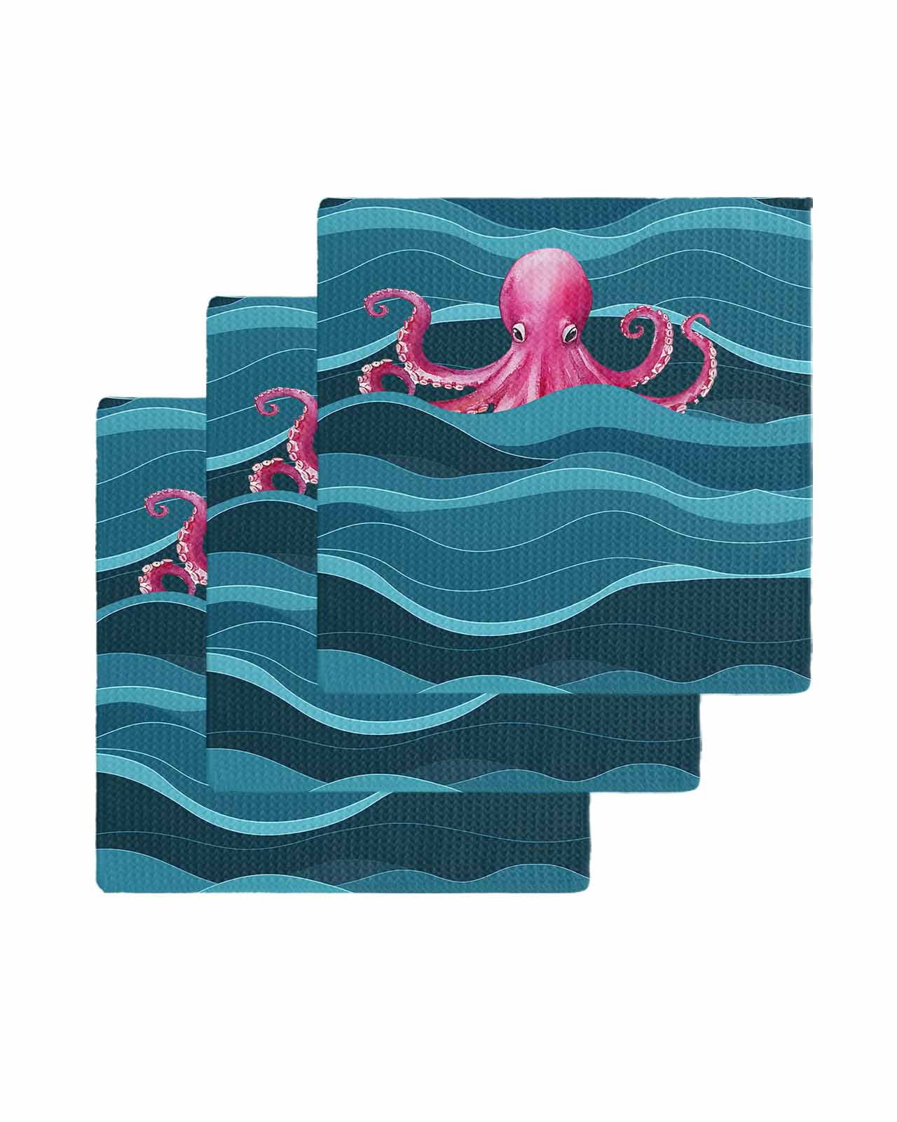 Ocean Octopus Kitchen Dish Towels for Drying Dishes Set of 3, Coastal ...