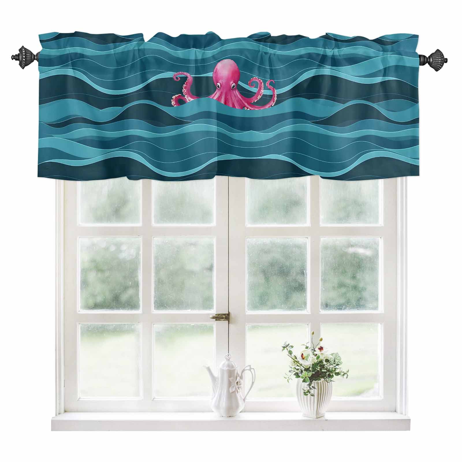 Ocean Octopus Kitchen Valances for Windows 42x12 Inch Kitchen Curtains ...