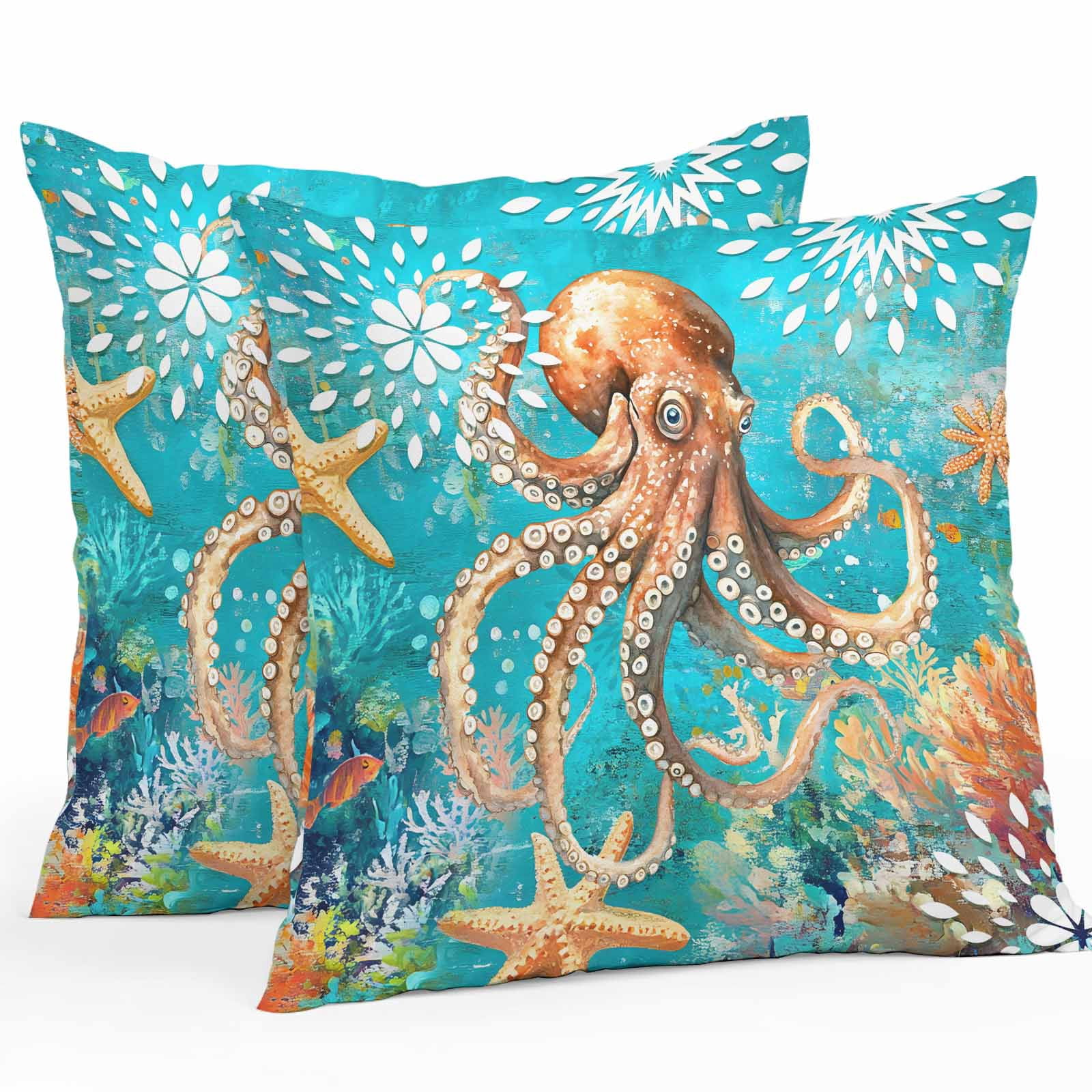 Ocean Octopus Outdoor Pillow Covers Pack of 2 Marine Life Coral ...