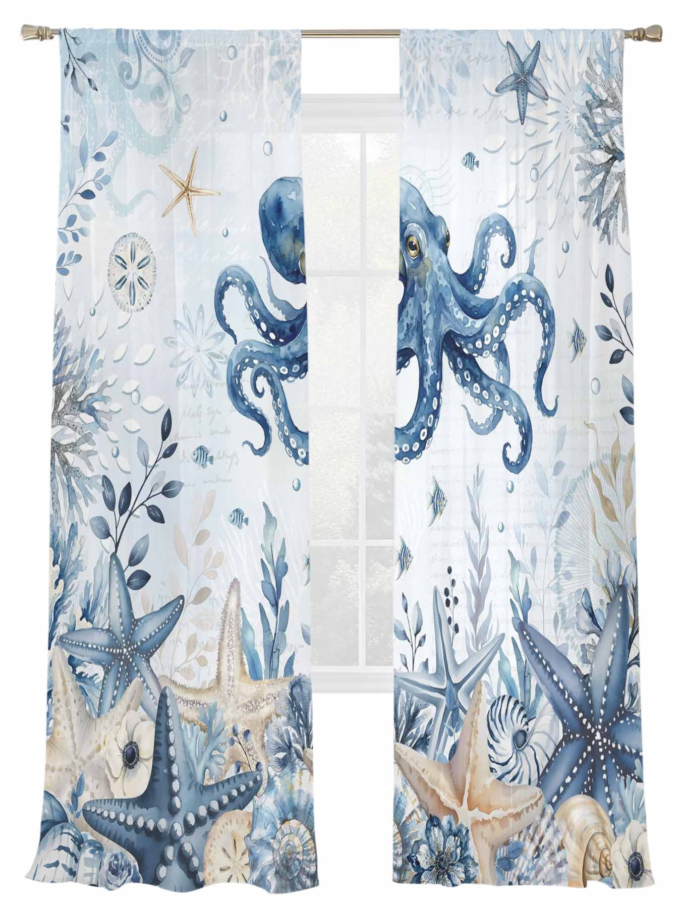 Ocean Octopus Sheer Curtains 108 Inch Long 2 Panels, Blue Yellow Sea ...