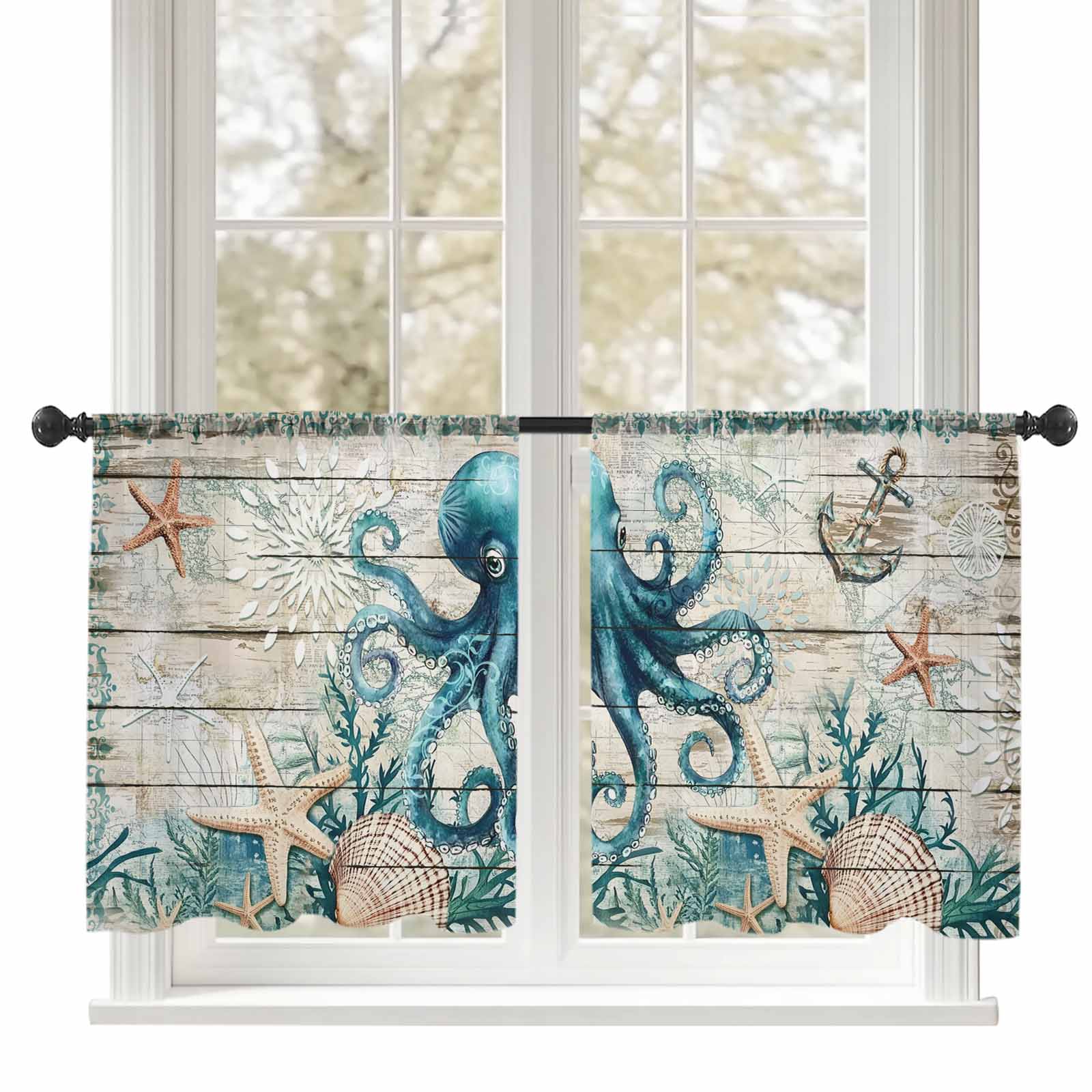Ocean Octopus Sheer Curtains 2 Panels Set, Retro Coral Starfish Anchor ...