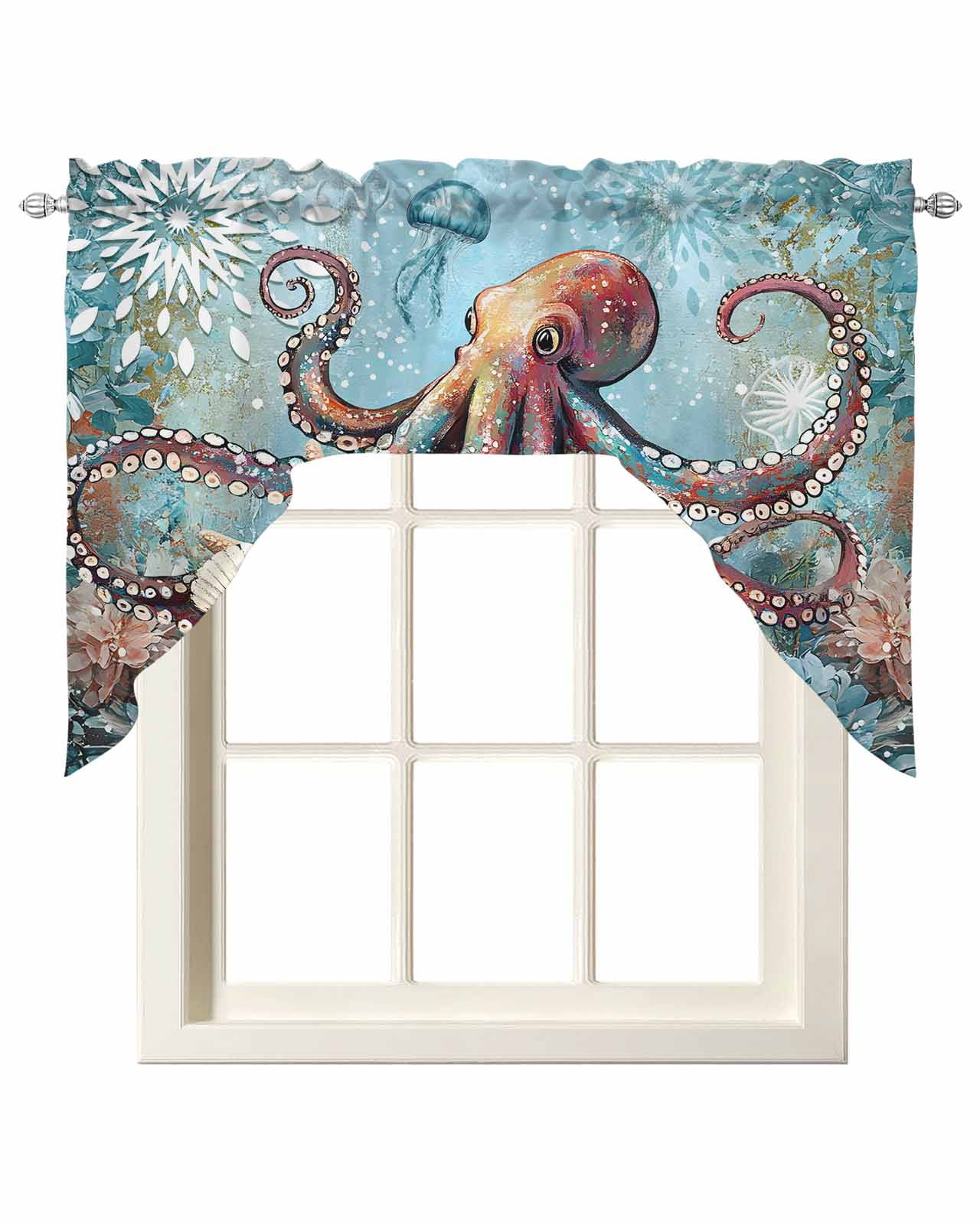 Ocean Octopus Swag Valance and Tier Curtains Set Sealife Marine Life ...