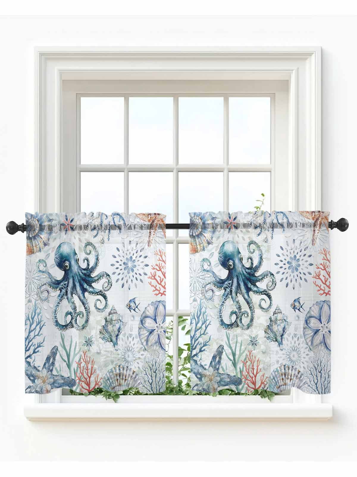 Ocean Octopus Tier Curtains 36 Inch Length,Sheer Curtains for Bedroom ...