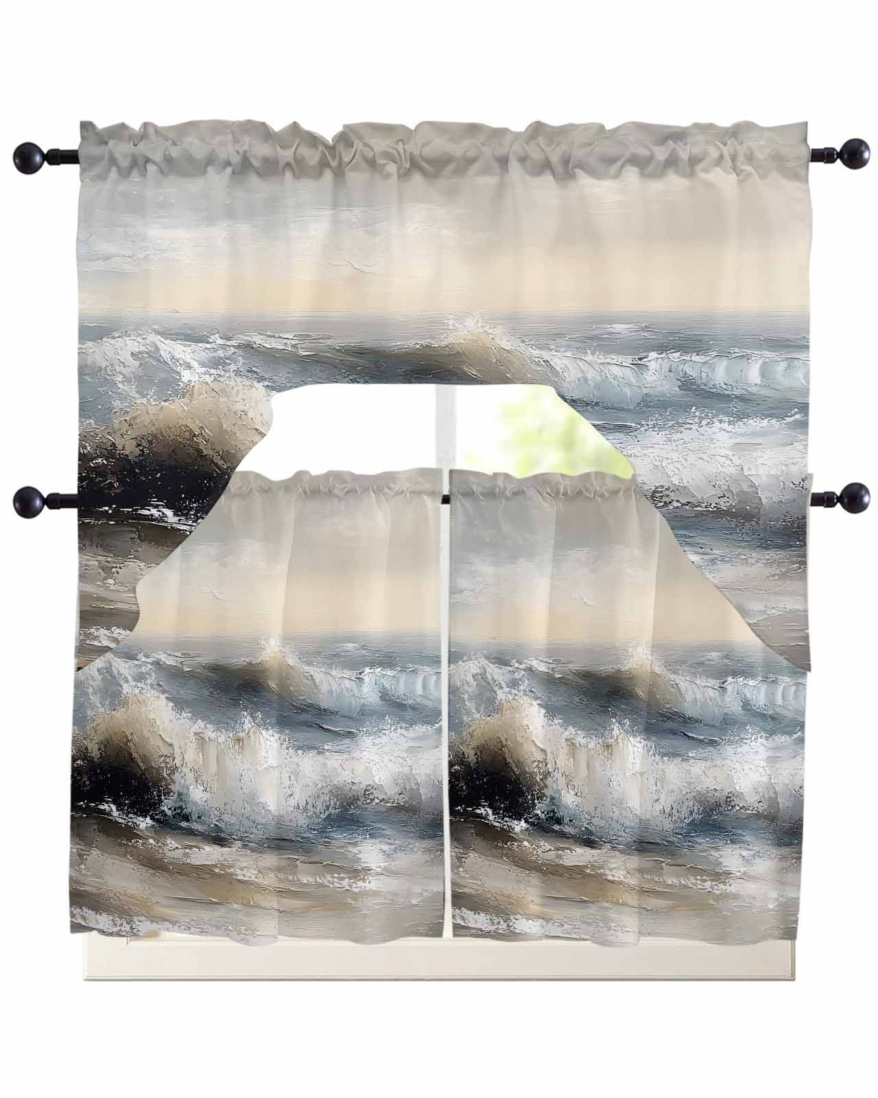 Ocean Oil Painting Kitchen Curtains Swag Valance and Tier Curtains Set ...