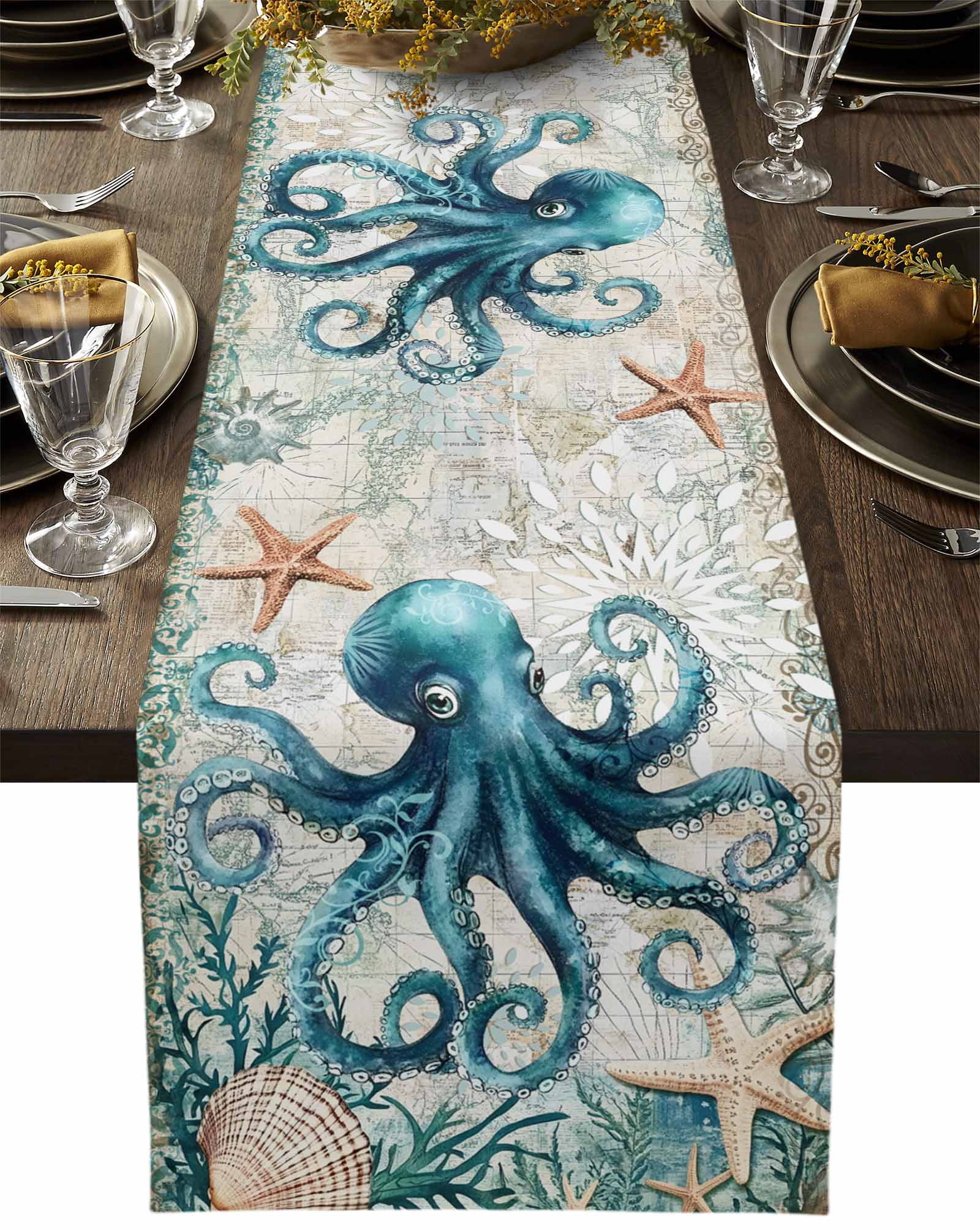 Ocean Ombre Octopus Retro Map Table Runners 13x36 Inches Long Linen ...