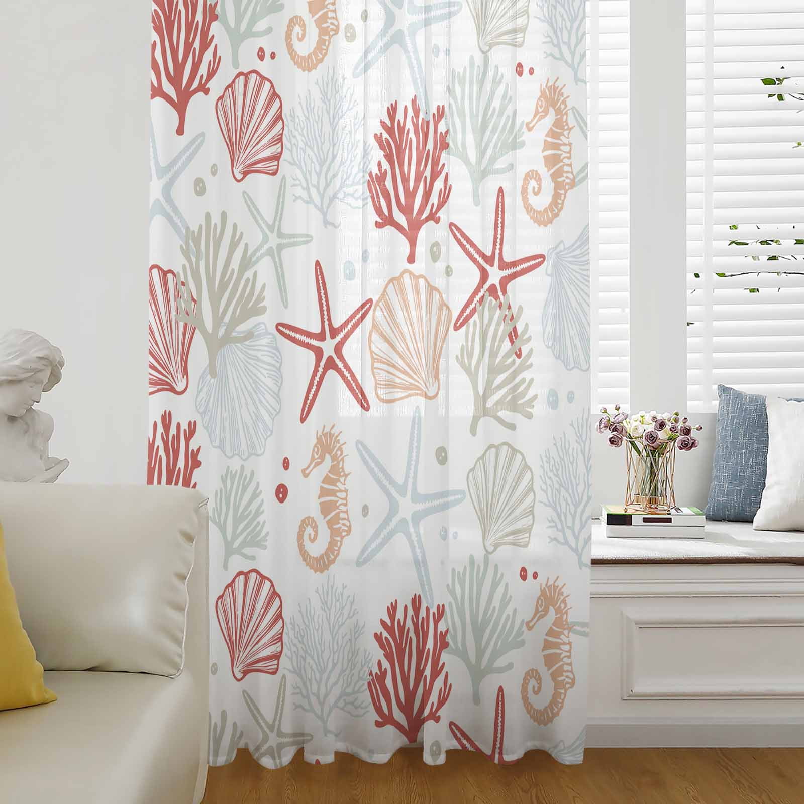 Ocean Orange Red Window Curtain 84 Inches Long,Coastal Starfish Coral ...