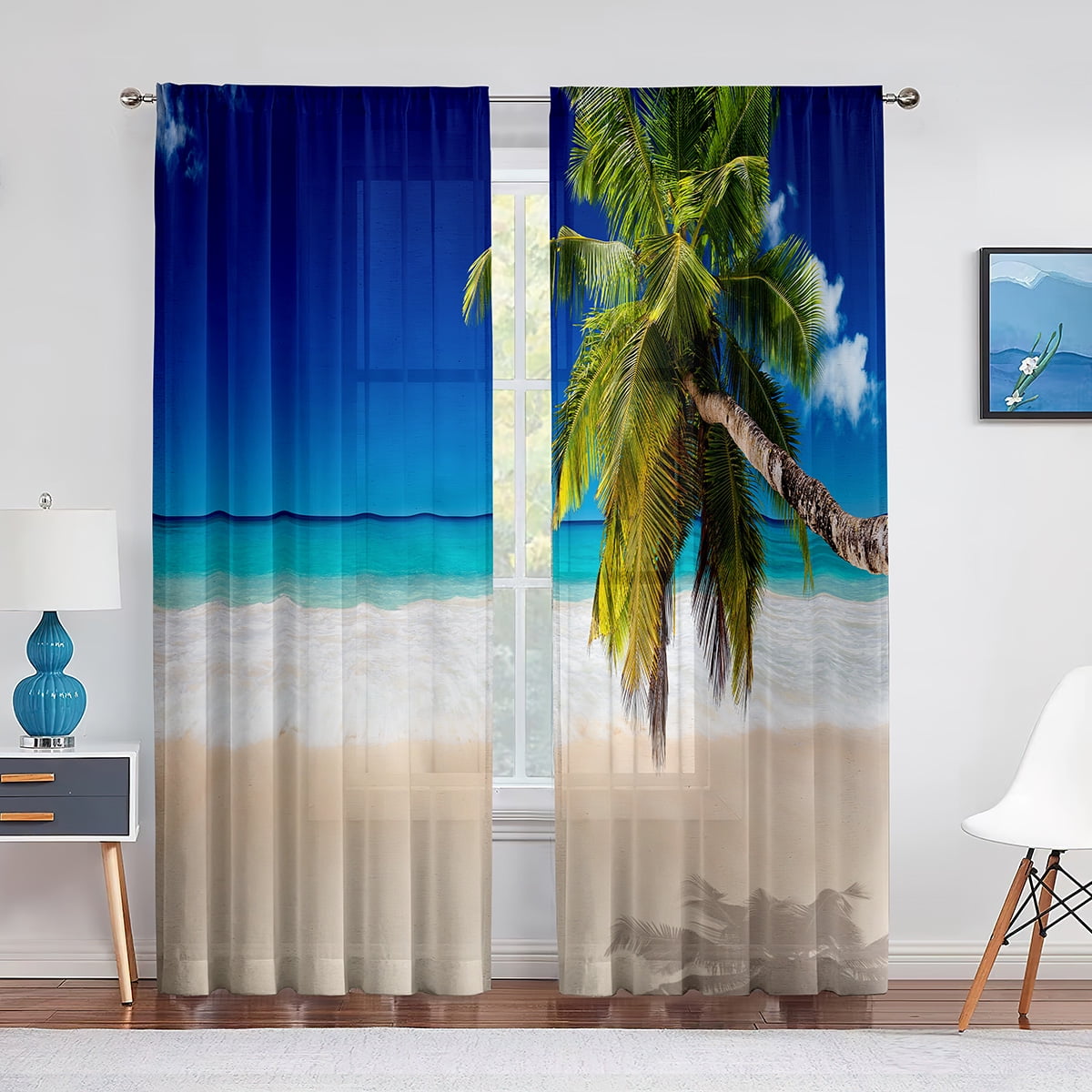 Ocean Palm Trees Beach Summer Seaside Tropical Sheer Curtain for Living ...