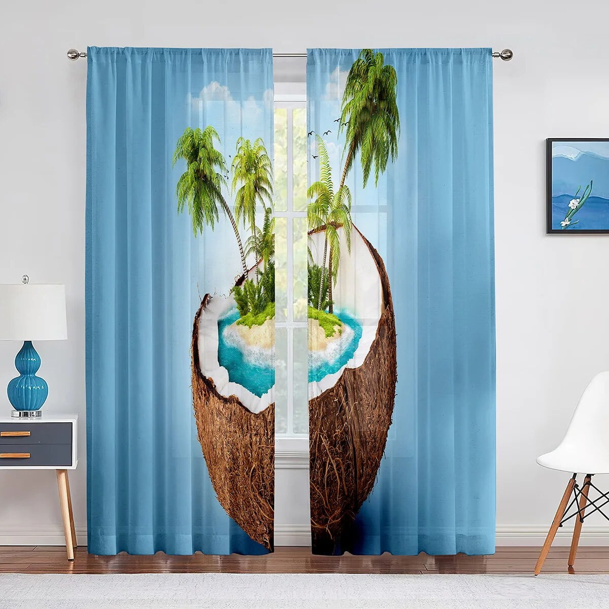 Ocean Palm Trees Beach Summer Seaside Tropical Sheer Curtain for Living ...