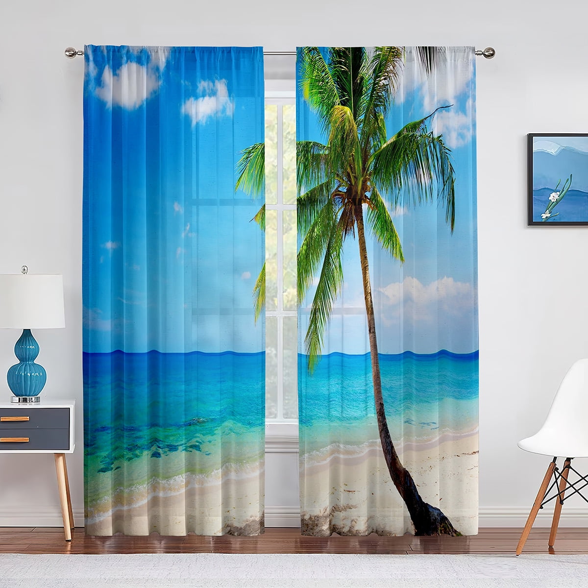 Ocean Palm Trees Beach Summer Seaside Tropical Sheer Curtain for Living ...