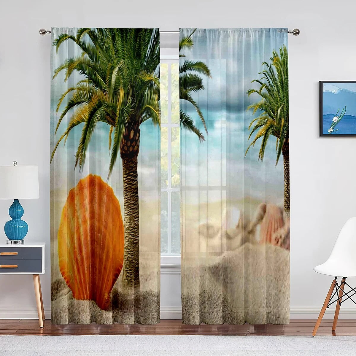Ocean Palm Trees Beach Summer Seaside Tropical Sheer Curtain for Living ...