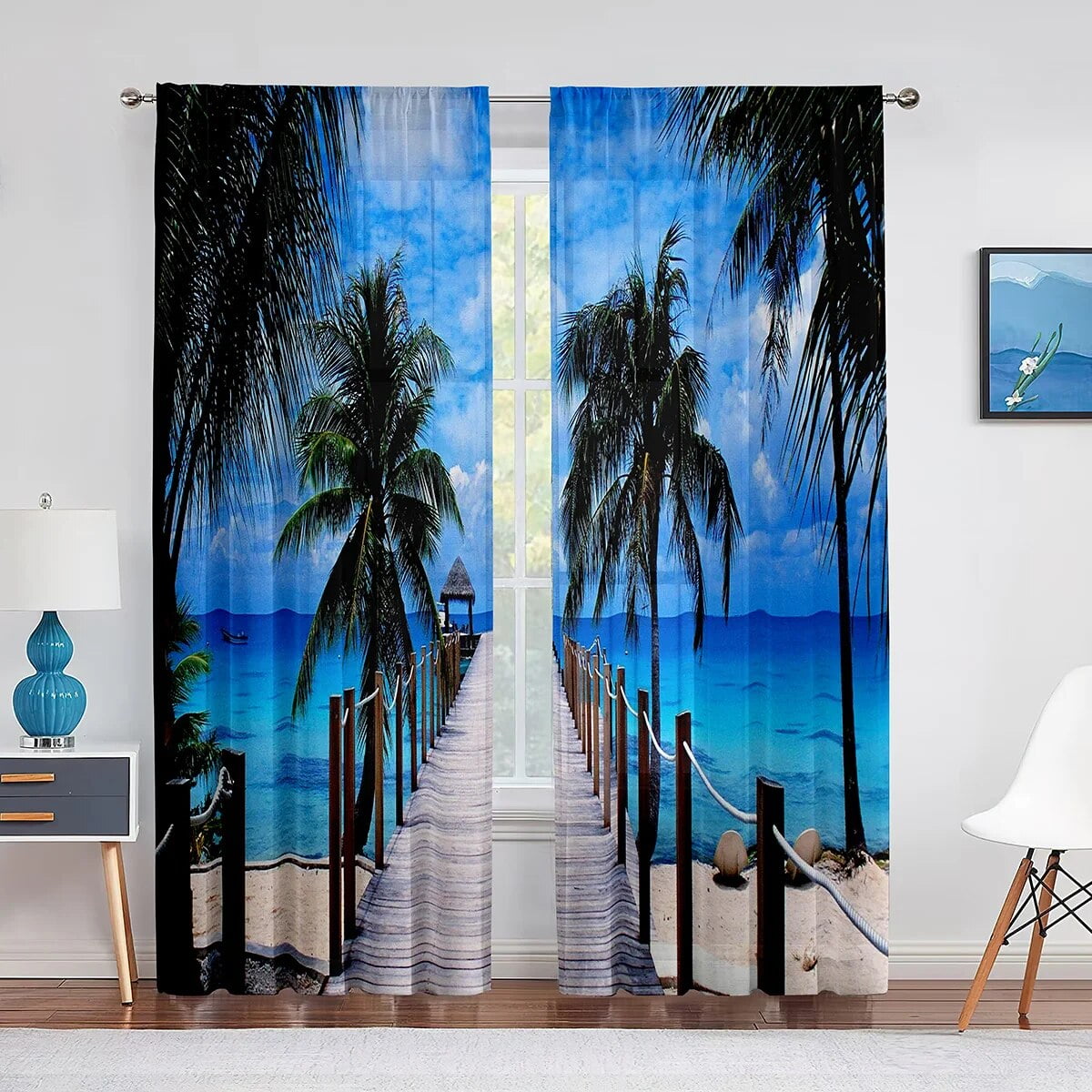 Ocean Palm Trees Beach Summer Seaside Tropical Sheer Curtain for Living ...