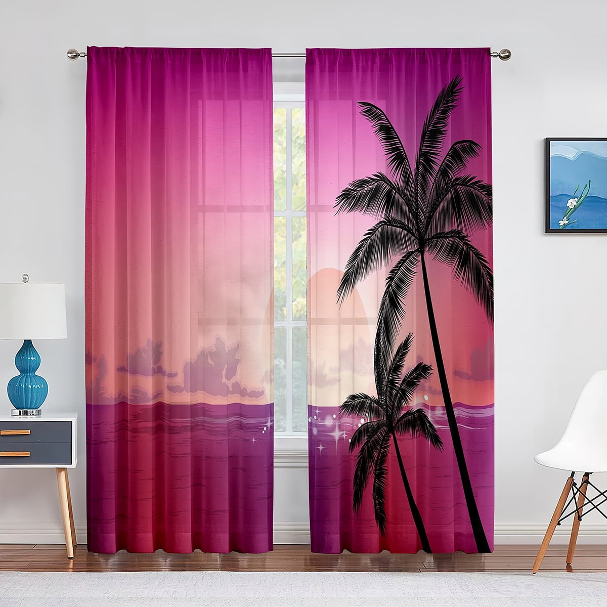 Ocean Palm Trees Beach Summer Seaside Tropical Sheer Curtain for Living ...