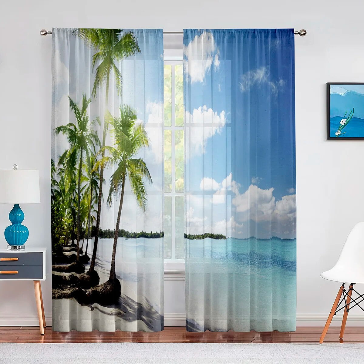 Ocean Palm Trees Beach Summer Seaside Tropical Sheer Curtain for Living ...