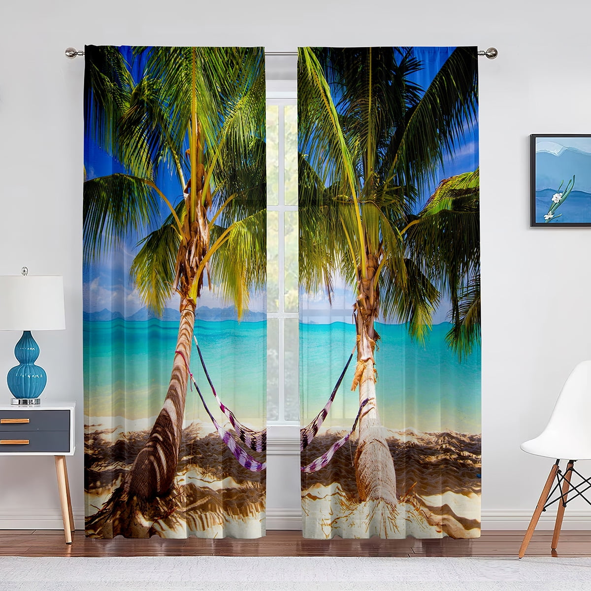 Ocean Palm Trees Beach Summer Seaside Tropical Sheer Curtain for Living ...