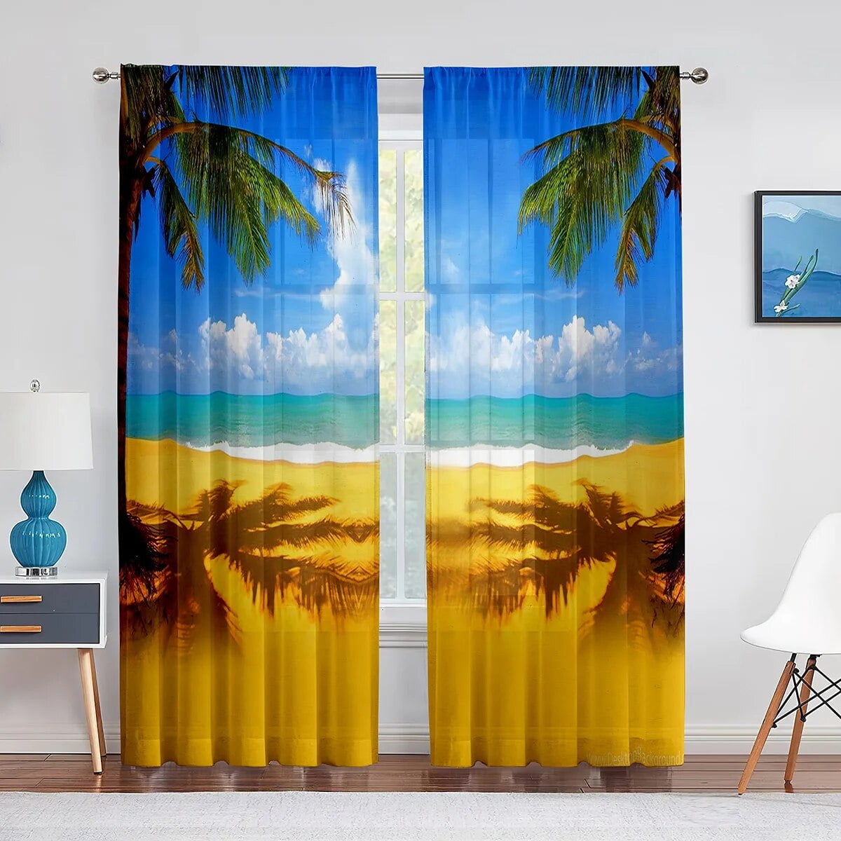 Ocean Palm Trees Beach Summer Seaside Tropical Sheer Curtain for Living ...