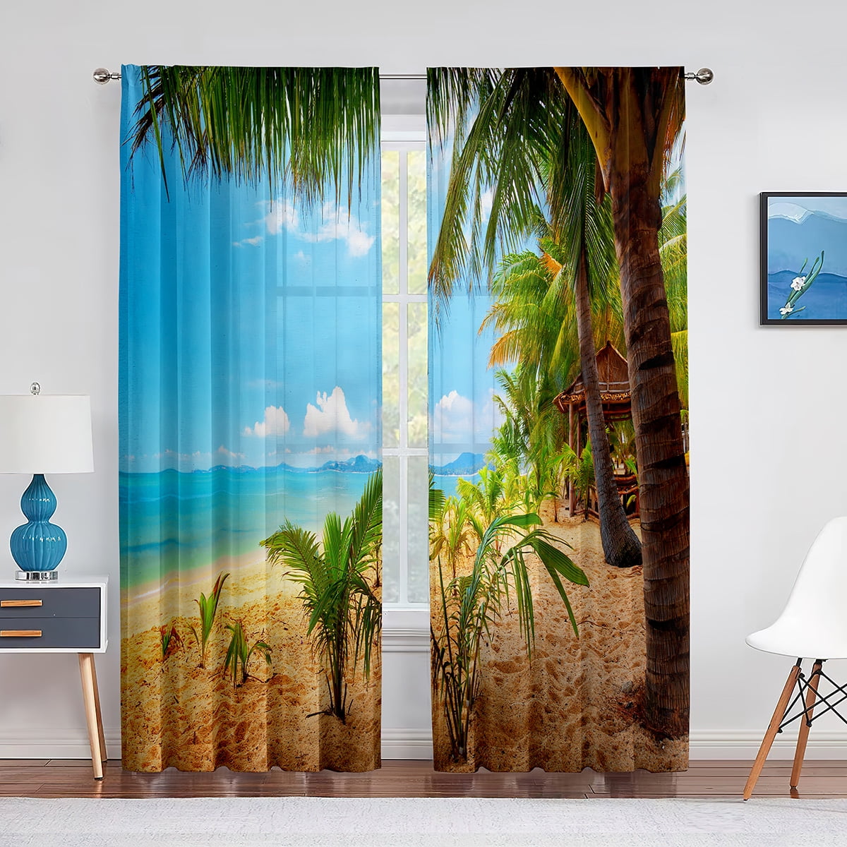 Ocean Palm Trees Beach Summer Seaside Tropical Sheer Curtain for Living ...