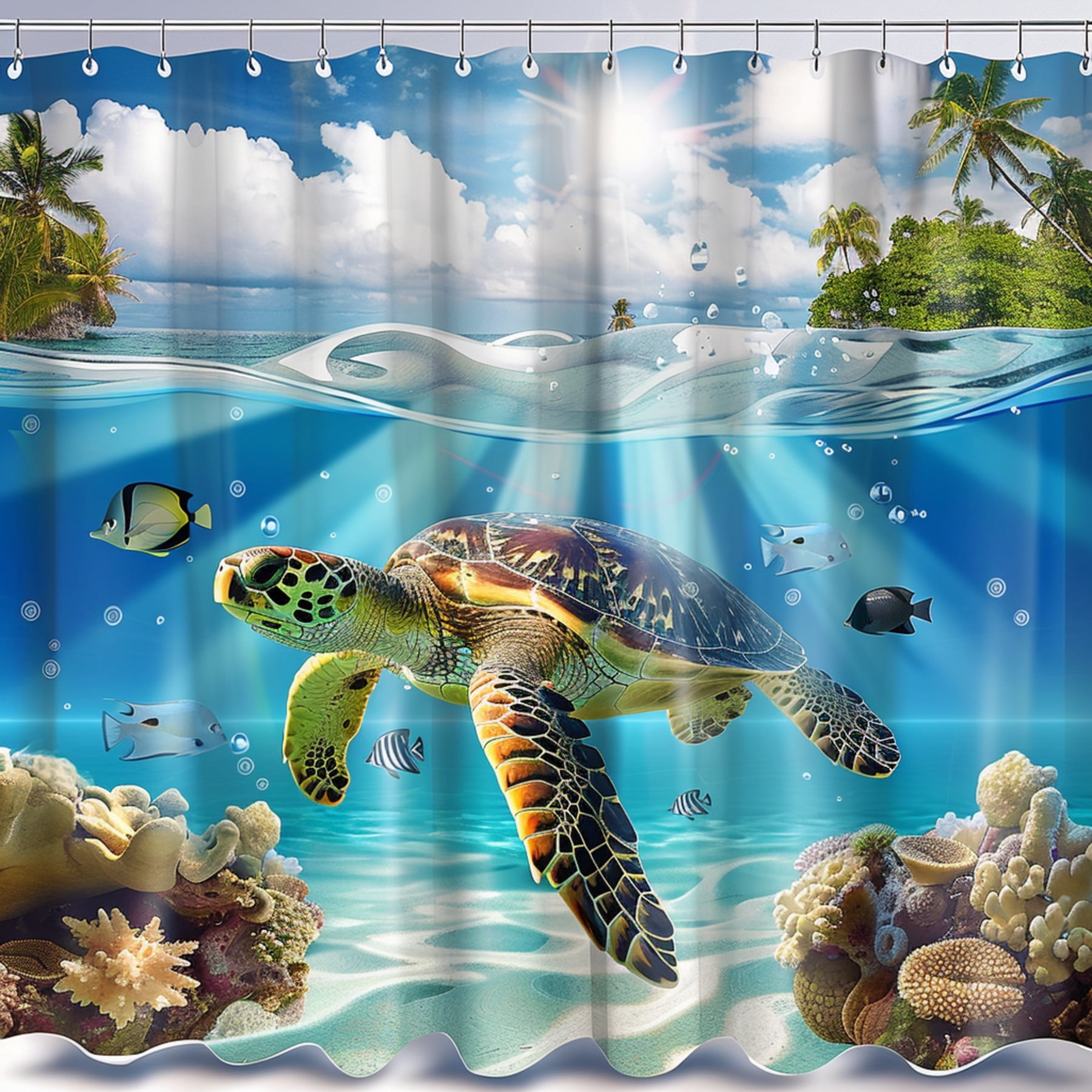Ocean Paradise Shower Curtain Turtle Swimming in Sea with Palm Trees ...