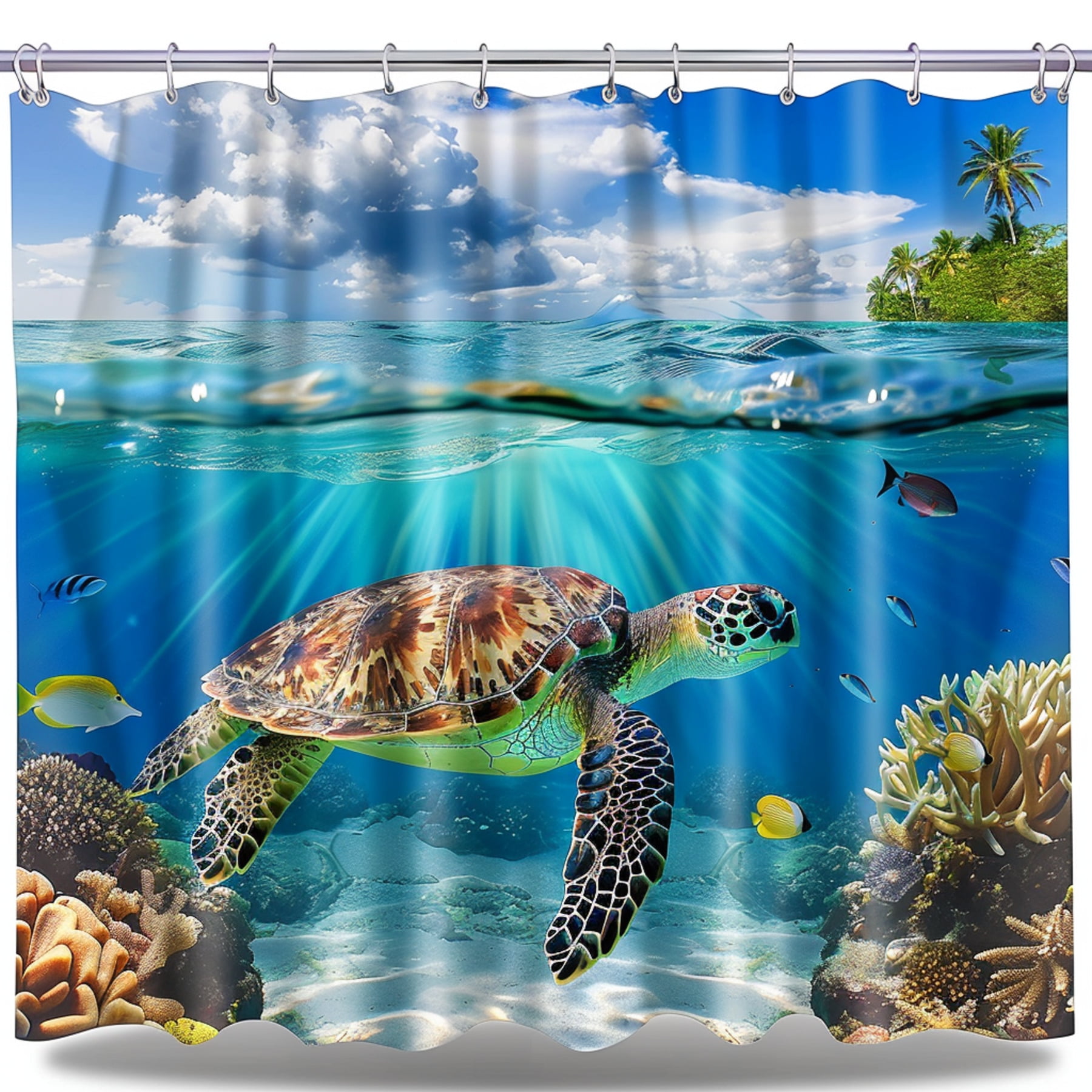 Ocean Paradise Turtle Shower Curtain Underwater Scene With Palm Trees