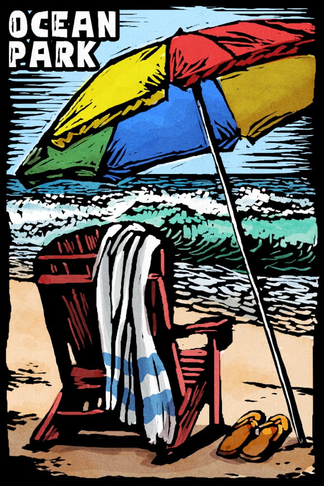 Ocean Park, Beach Chair, Scratchboard (24x36 Giclee Gallery Art Print ...