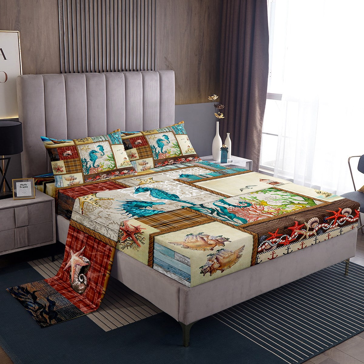 Ocean Patchwork Bed Sheets Set,Starfish Sea Shell Sheet Set King ...