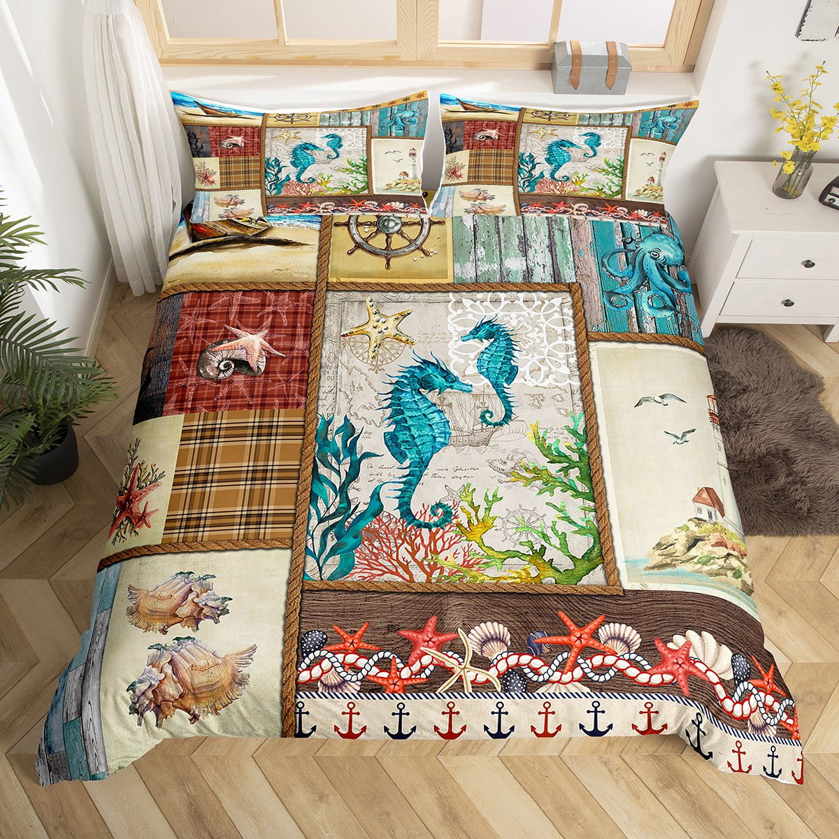 Ocean Patchwork Duvet Cover,Starfish Sea Shell Bedding Set King,Vintage Anchor Coral Comforter ...
